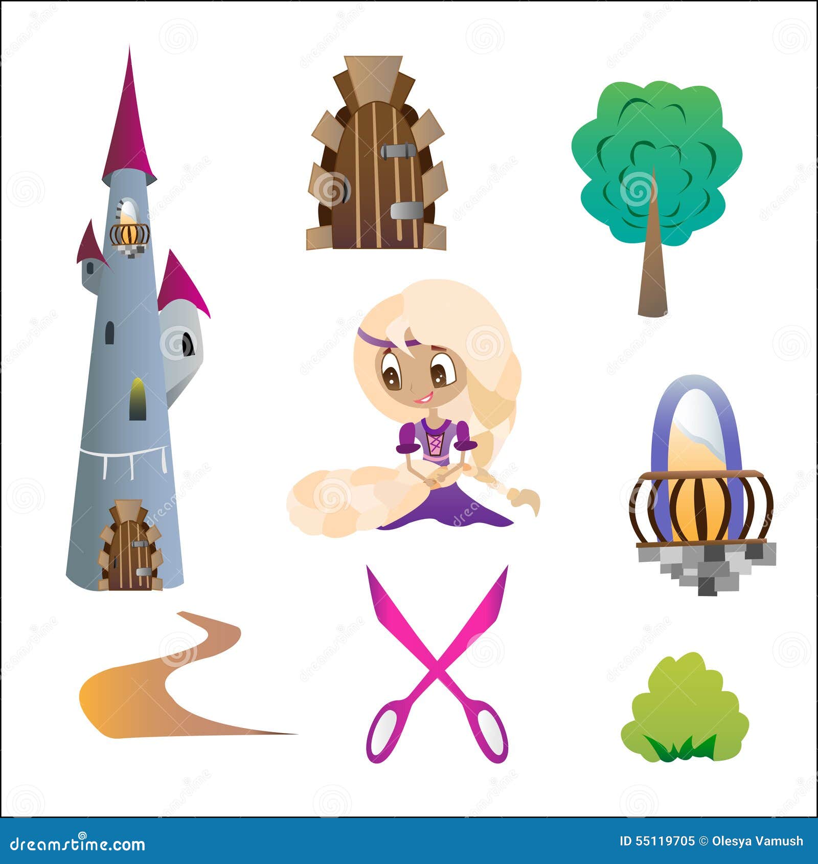 Set Rapunzel stock vector. Illustration of balcony, princess - 55119705