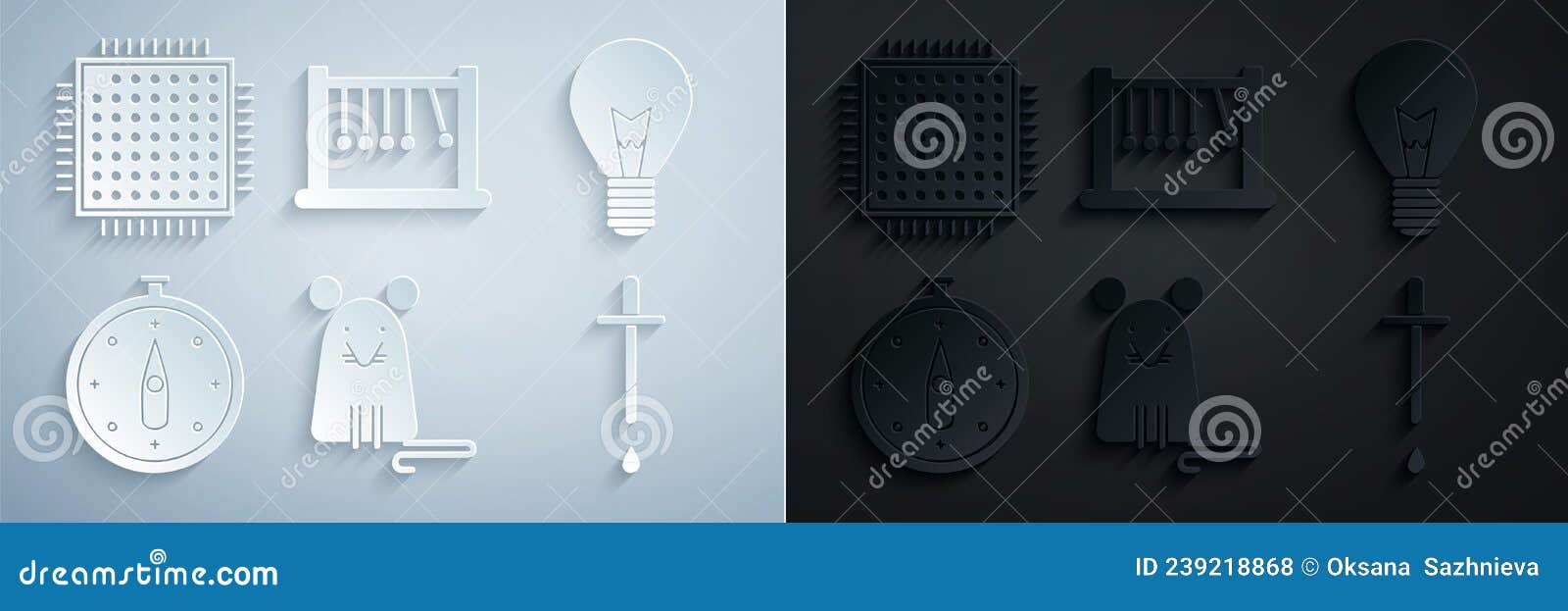 Set Rat, Light Bulb with Concept of Idea, Compass, Pipette, Pendulum ...