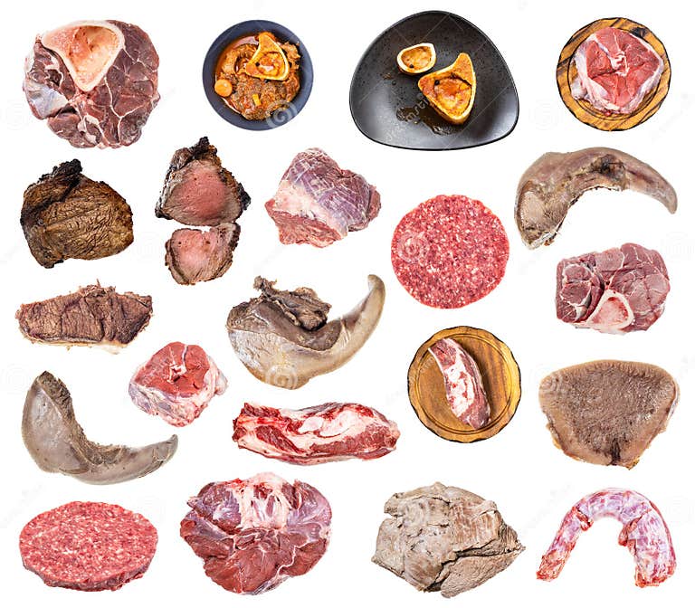Set of Raw and Cooked Beef Meats Isolated Stock Photo - Image of meat ...
