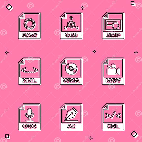 Set Raw File Document Obj Bmp Xml Wma And Mov Icon Vector Stock Vector Illustration Of