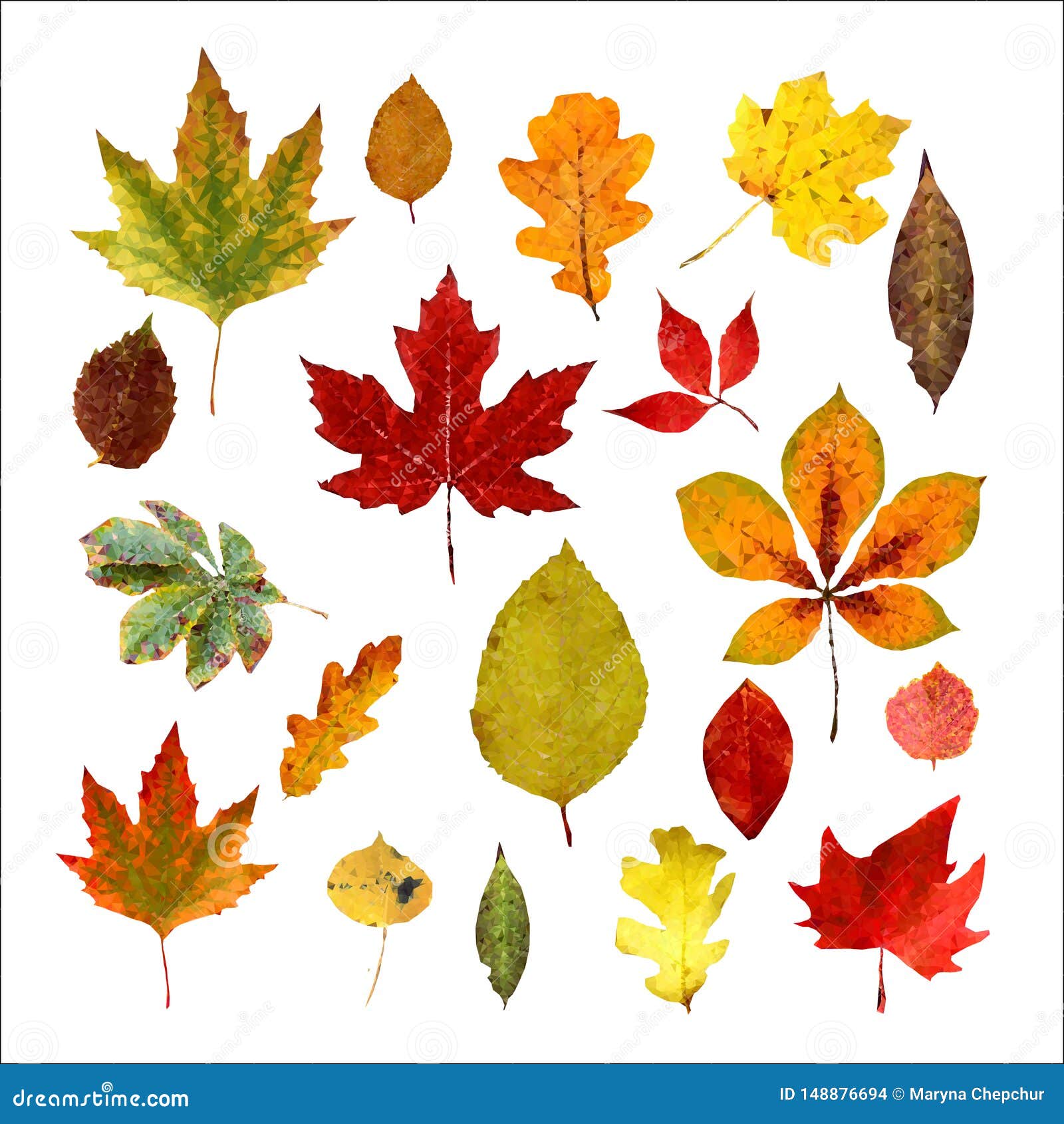 Set of Realistic Autumn Leaves. Low Poly Style. Isolated on a White ... Set of Realistic Autumn Leaves. Low Poly Style. Isolated on a White ...