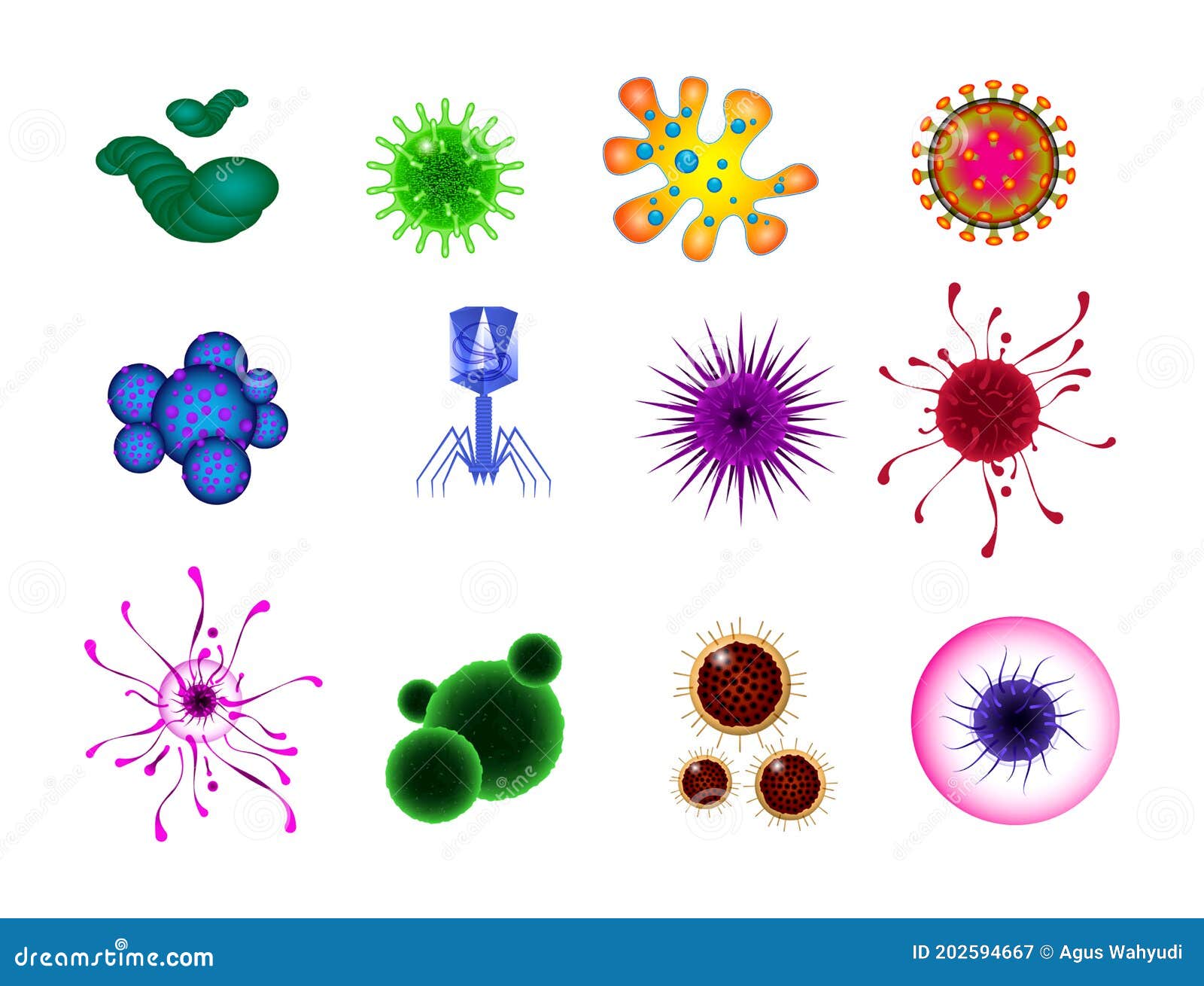 Set Of Realistic Bacteria Or Various Microscopic Virus And Germs Or ...