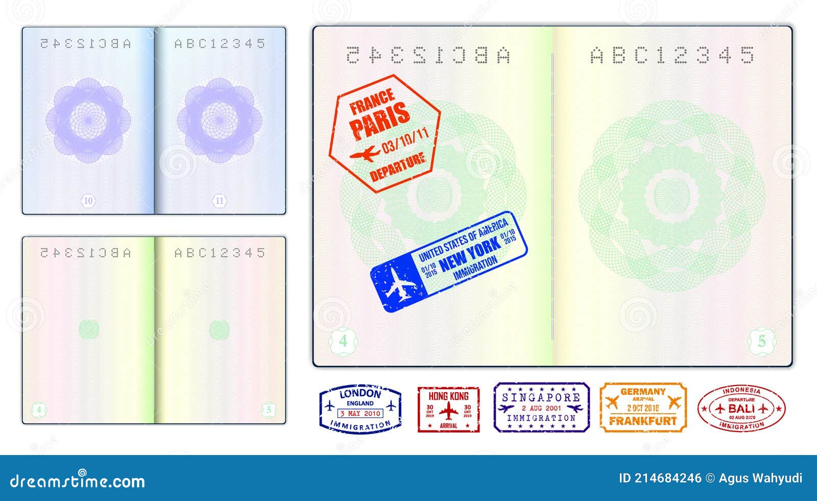 Set Of Realistic Blank Passport Pages Or Empty Passport With Watermark And Stamps Or Open