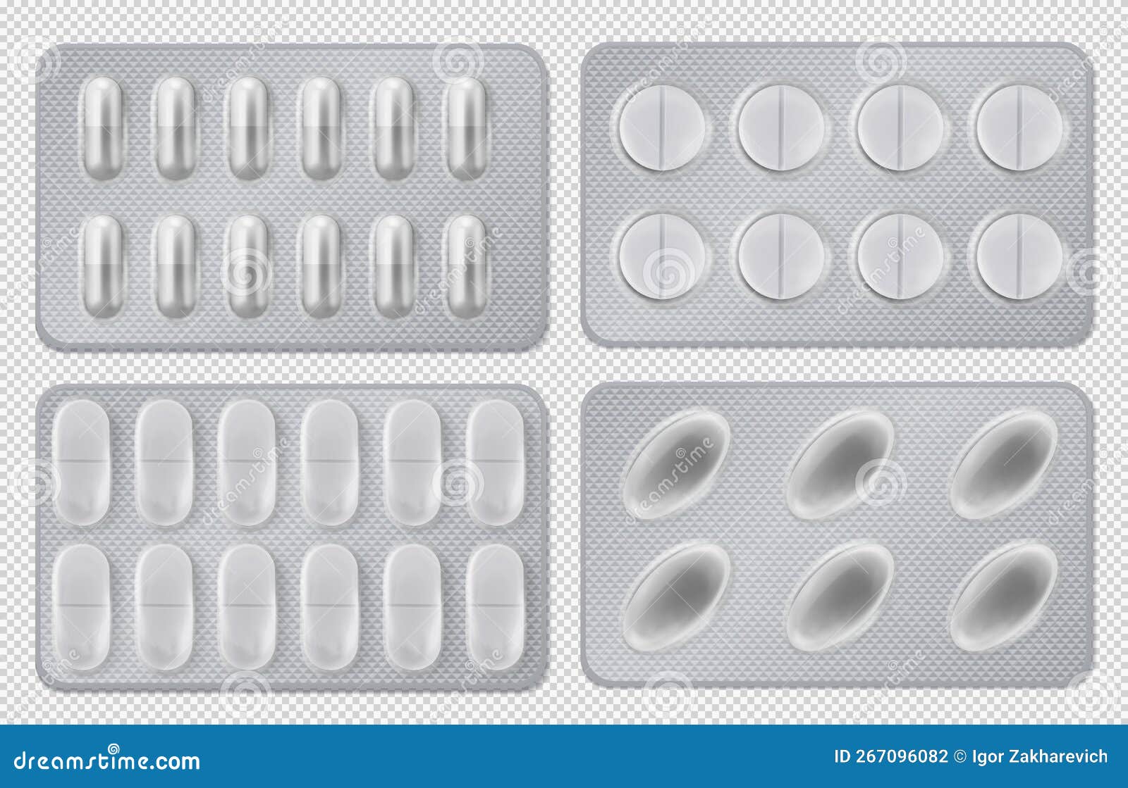 Set of Realistic Blisters for Pills. Medicinal Capsules and Tablets in ...