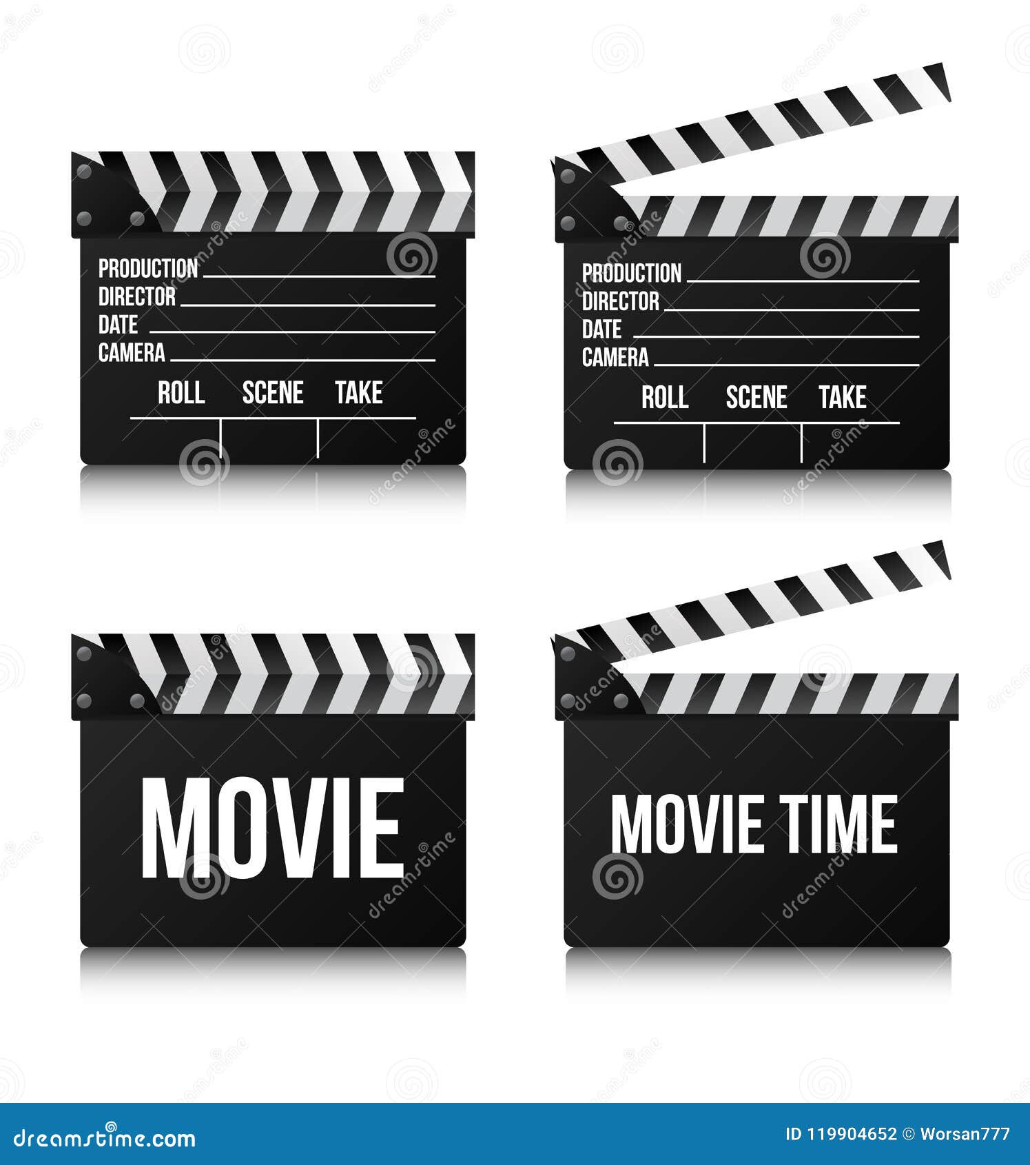 Set Realistic Clapper Cinema and Movie on White Background. Stock ...