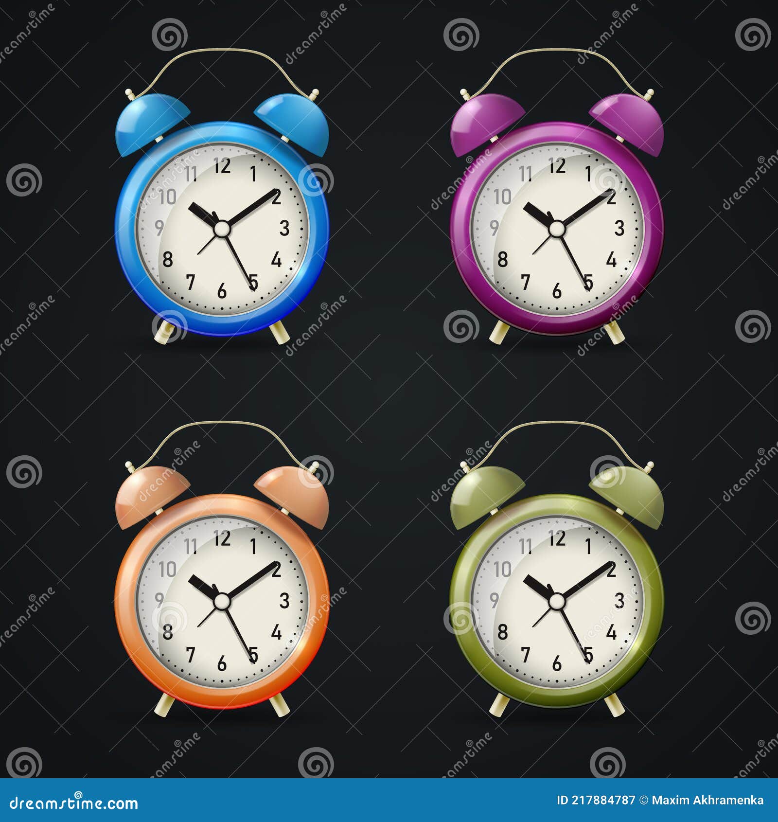 Realistic Clocks. Wristwatch, Alarm Clock And Silver Metal Wall Clocks ...