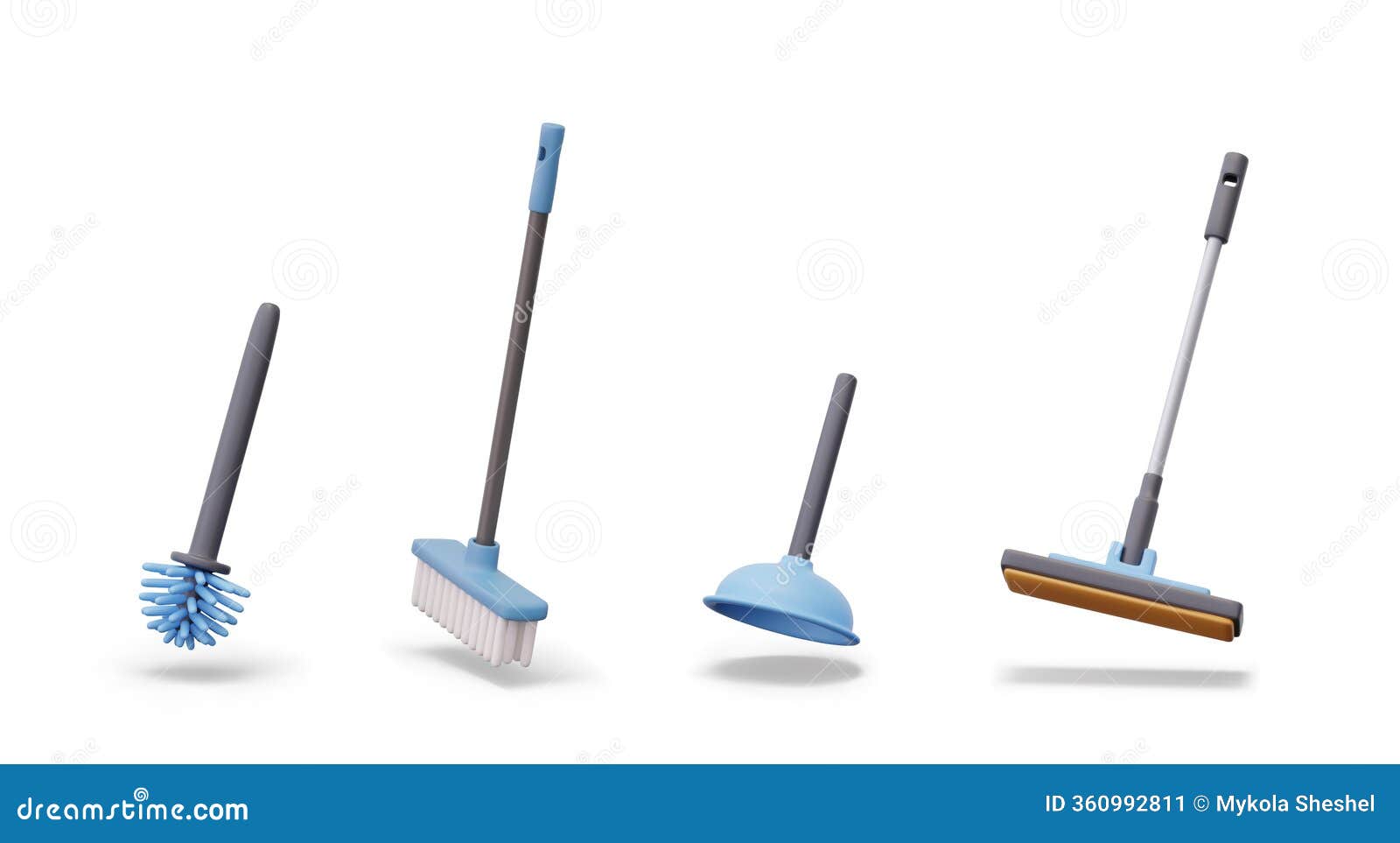 Set of Realistic Cleaning Tools. Plunger, Toilet Brush, Broom, Mop ...