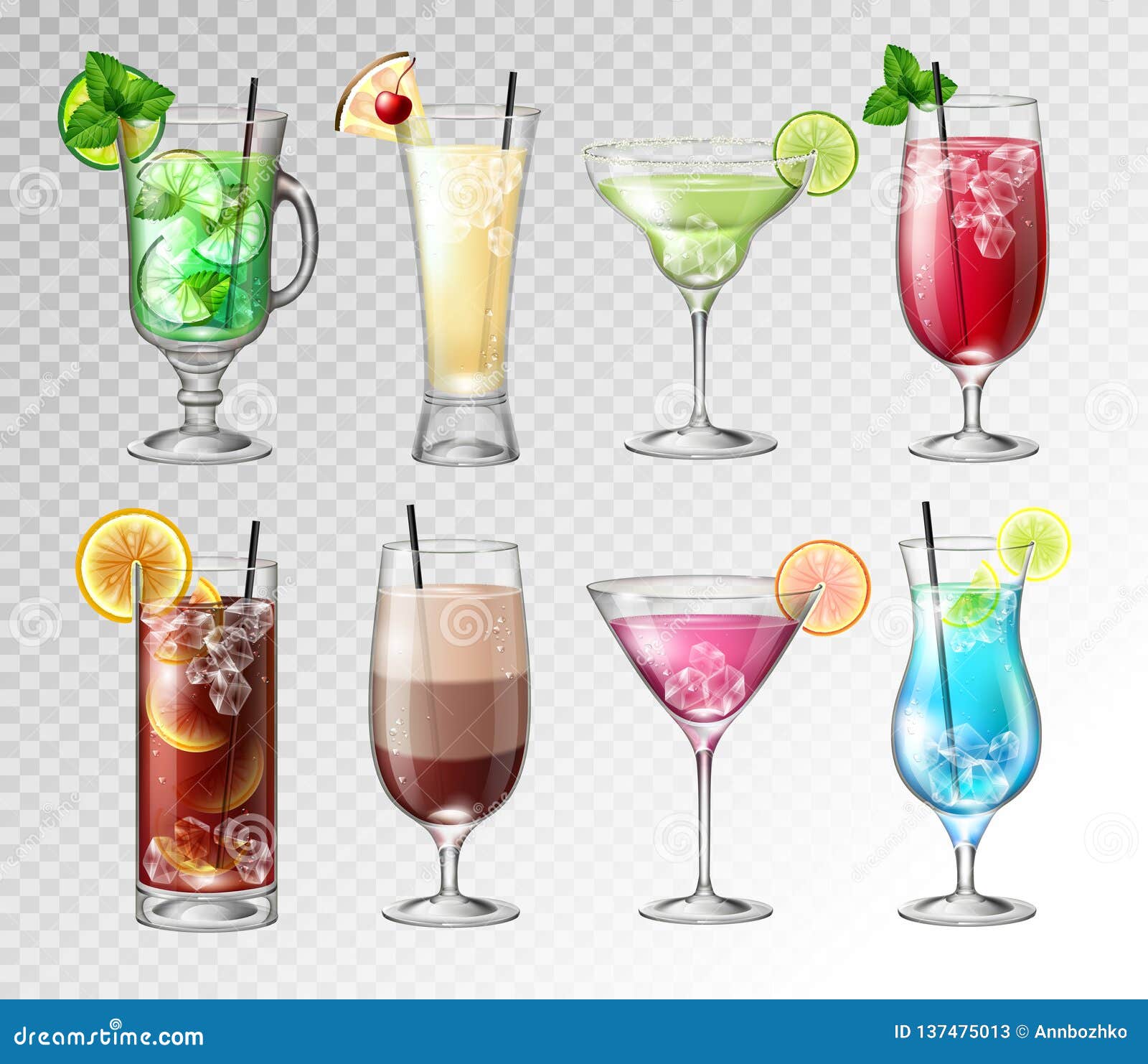 Set of Realistic Cocktails on Transparent Background. Stock Vector ...