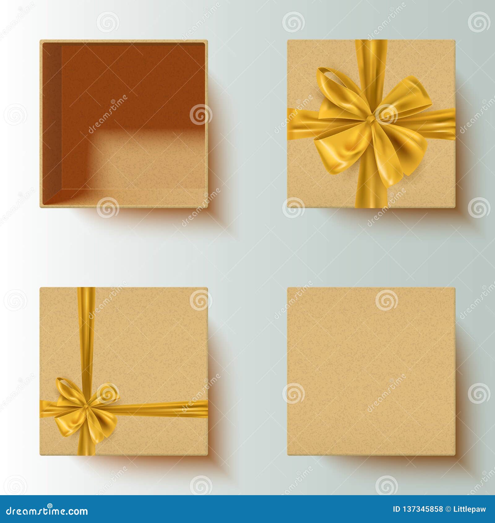 Set of Realistic Craft Paper Gift Boxes with Decorative Gold Bow, Open ...