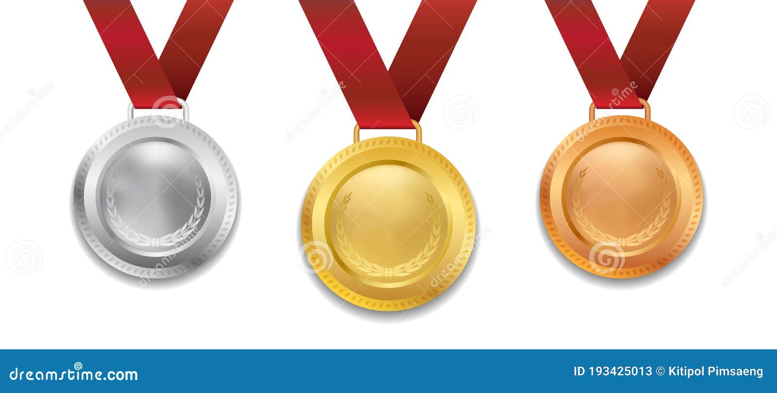 Champion Gold Silver And Bronze Medal With Red Ribbon Icon Sign First