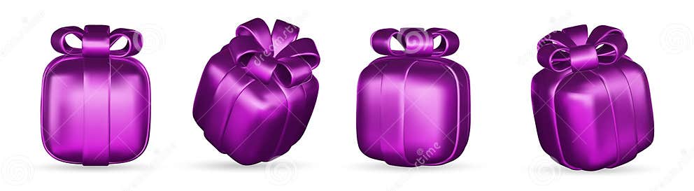 Set of Realistic 3d Render Gift Boxes. Violet Gift Box with Green Bow ...
