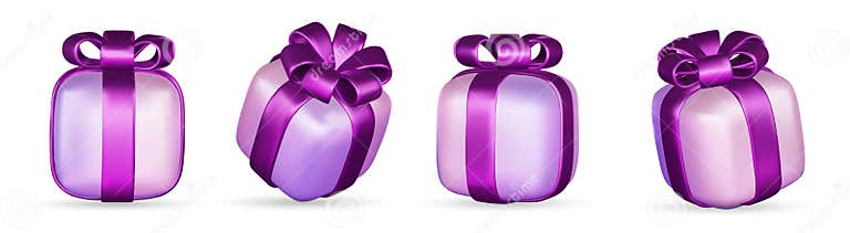 Set of Realistic 3d Render Gift Boxes. Violet Gift Box with Green Bow ...
