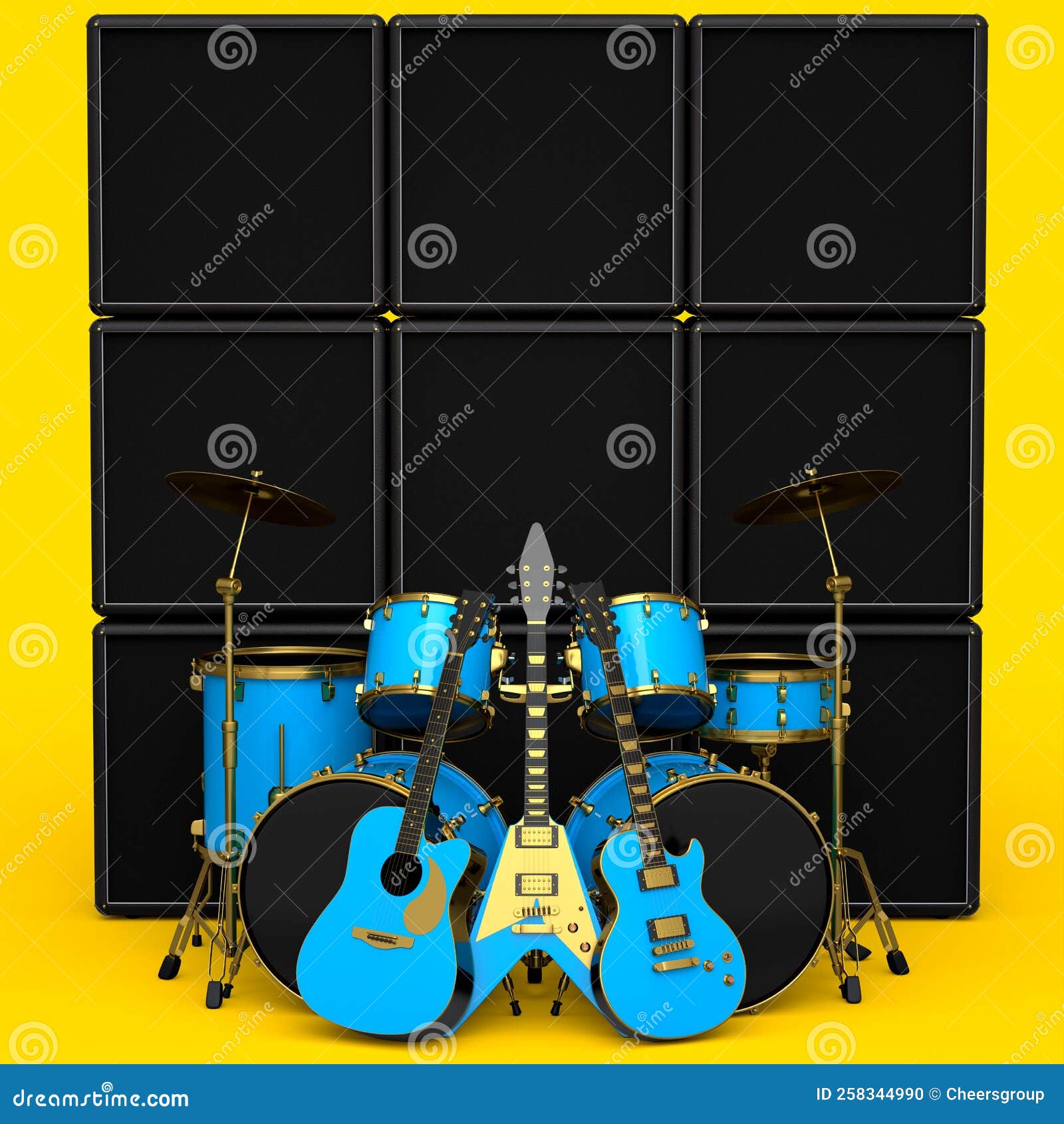 Set of Realistic Drums with Metal Cymbals, Amplifier and Acoustic ... Set of Realistic Drums with Metal Cymbals, Amplifier and Acoustic ...
