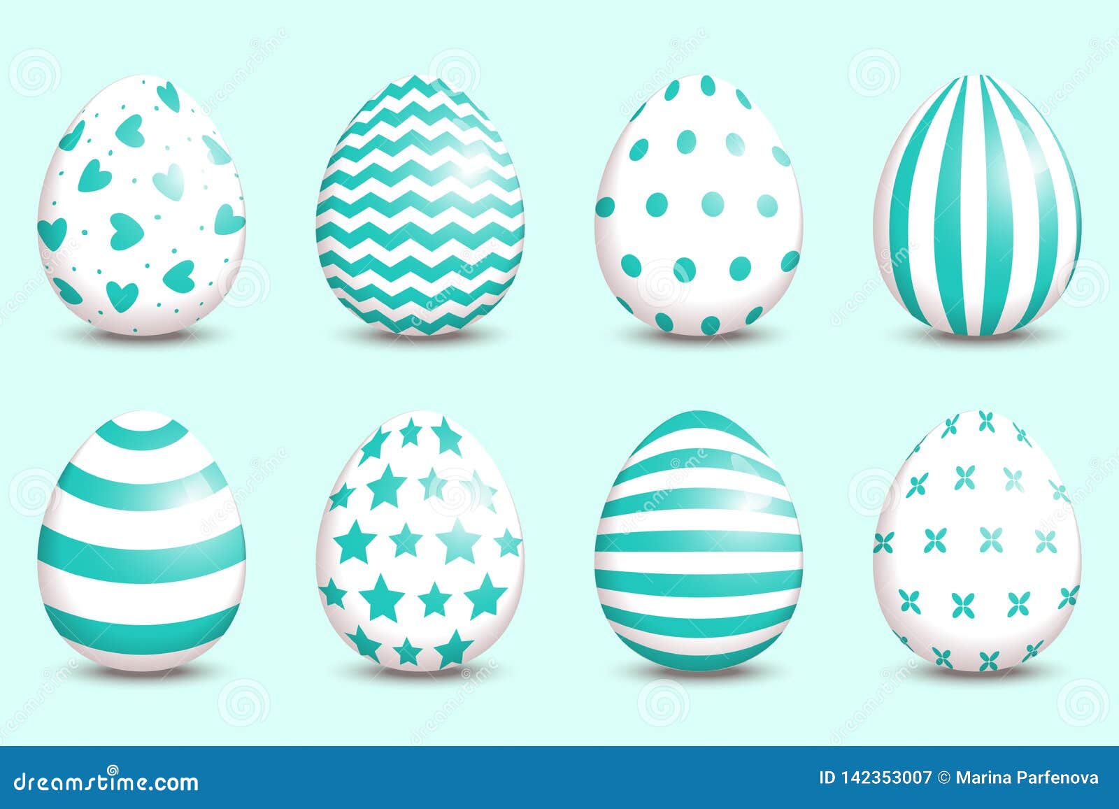 Set of Realistic Easter Decorated Eggs on Turquoise Background. Stock ...
