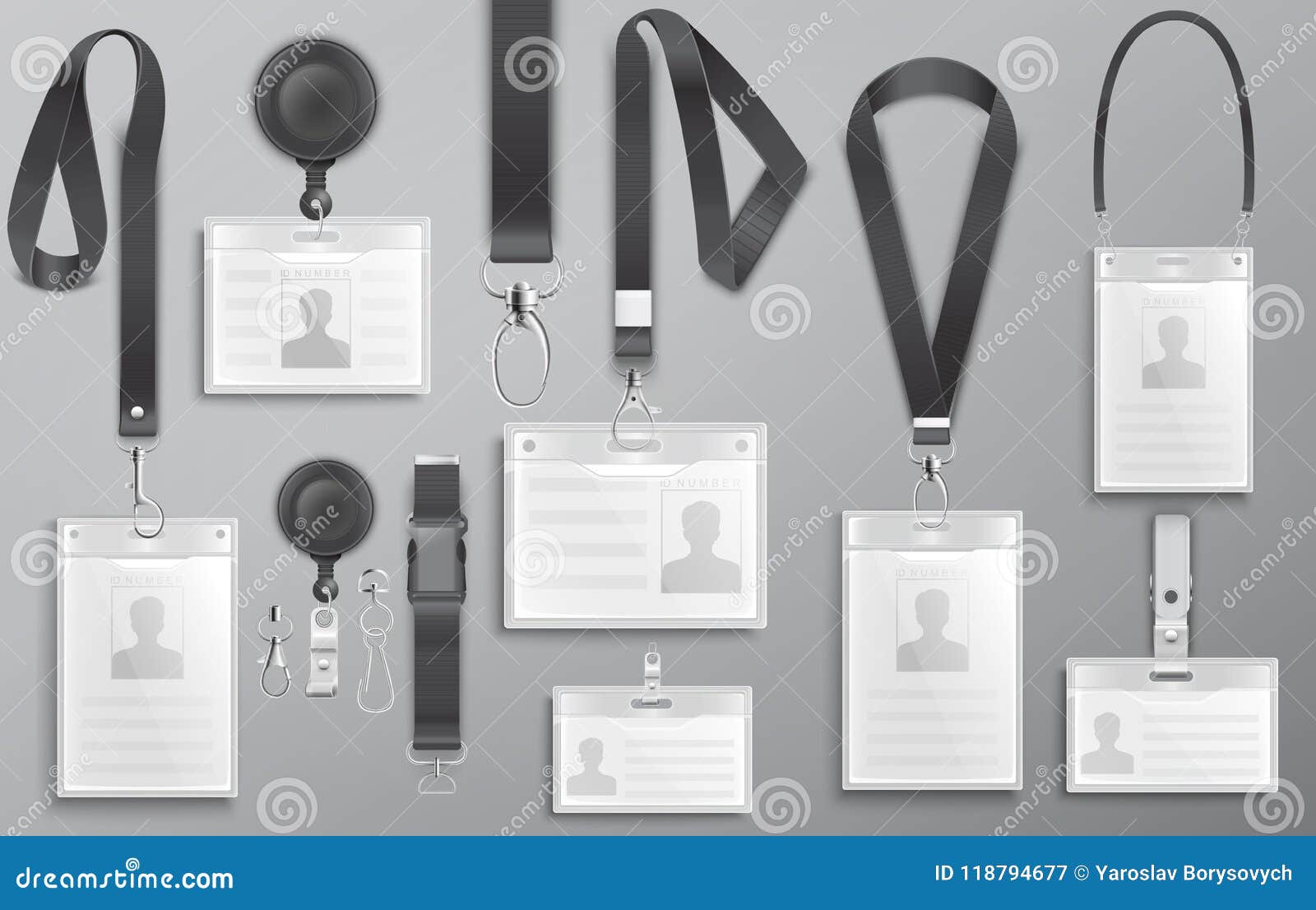 Set of Realistic Employee Identification Cards on Black Lanyards with ... Set of Realistic Employee Identification Cards on Black Lanyards with ...