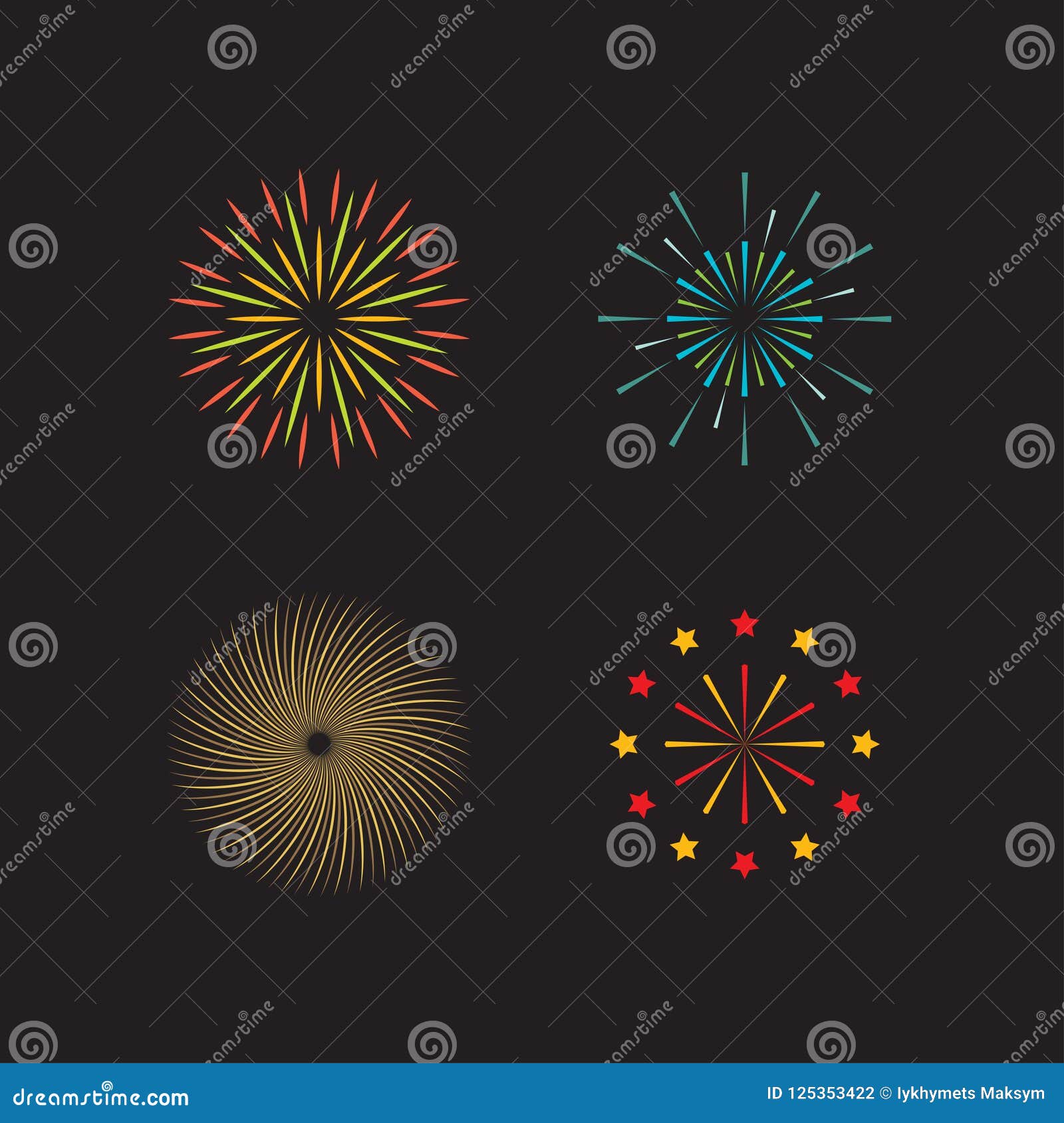 Set of 6 Realistic Fireworks Different Colors. Festive, Bright Firework ...