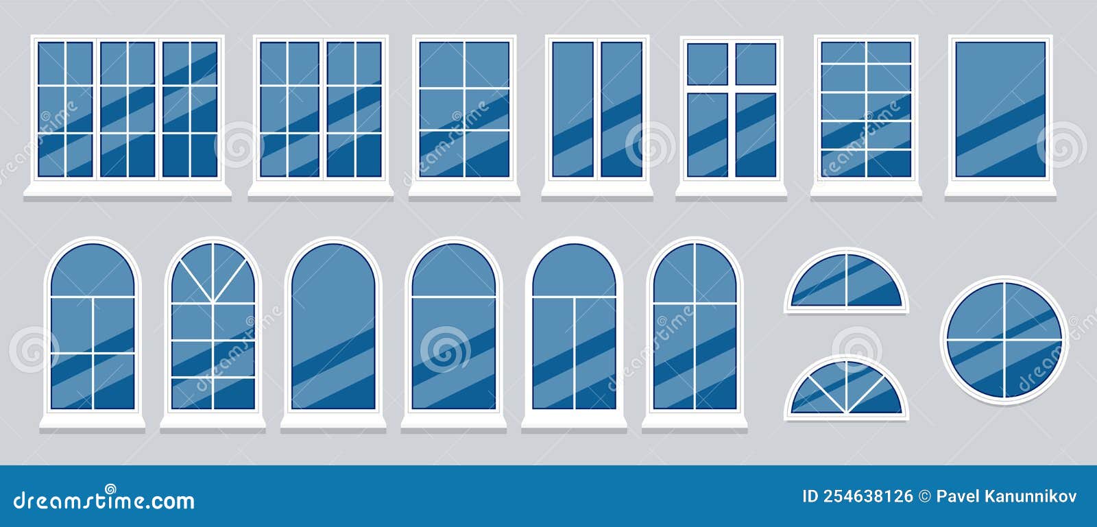 Set of Realistic Glass Transparent Plastic Windows with Window Sills ...