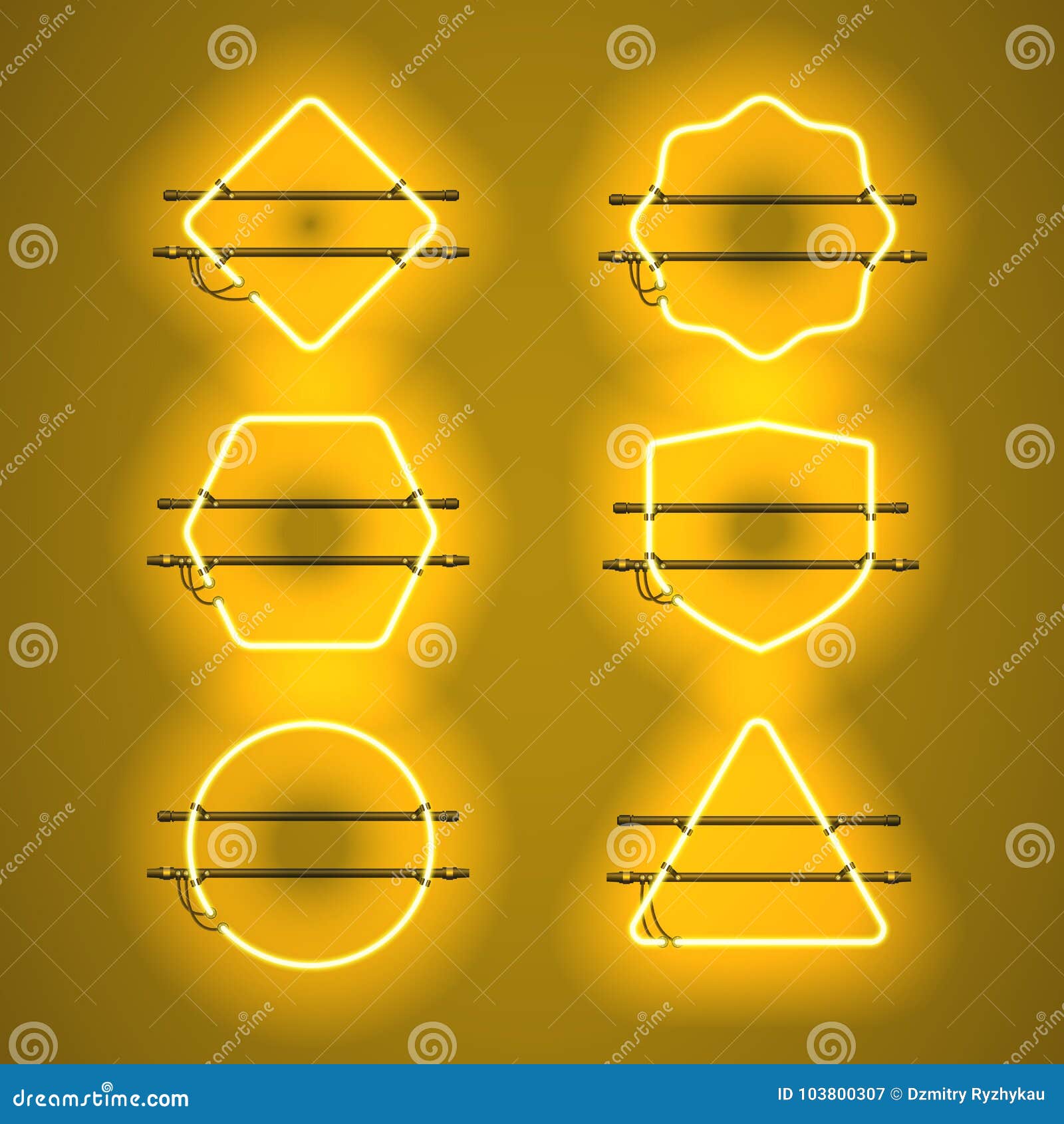 Set of Realistic Glowing Yellow Neon Frames Stock Vector - Illustration ...