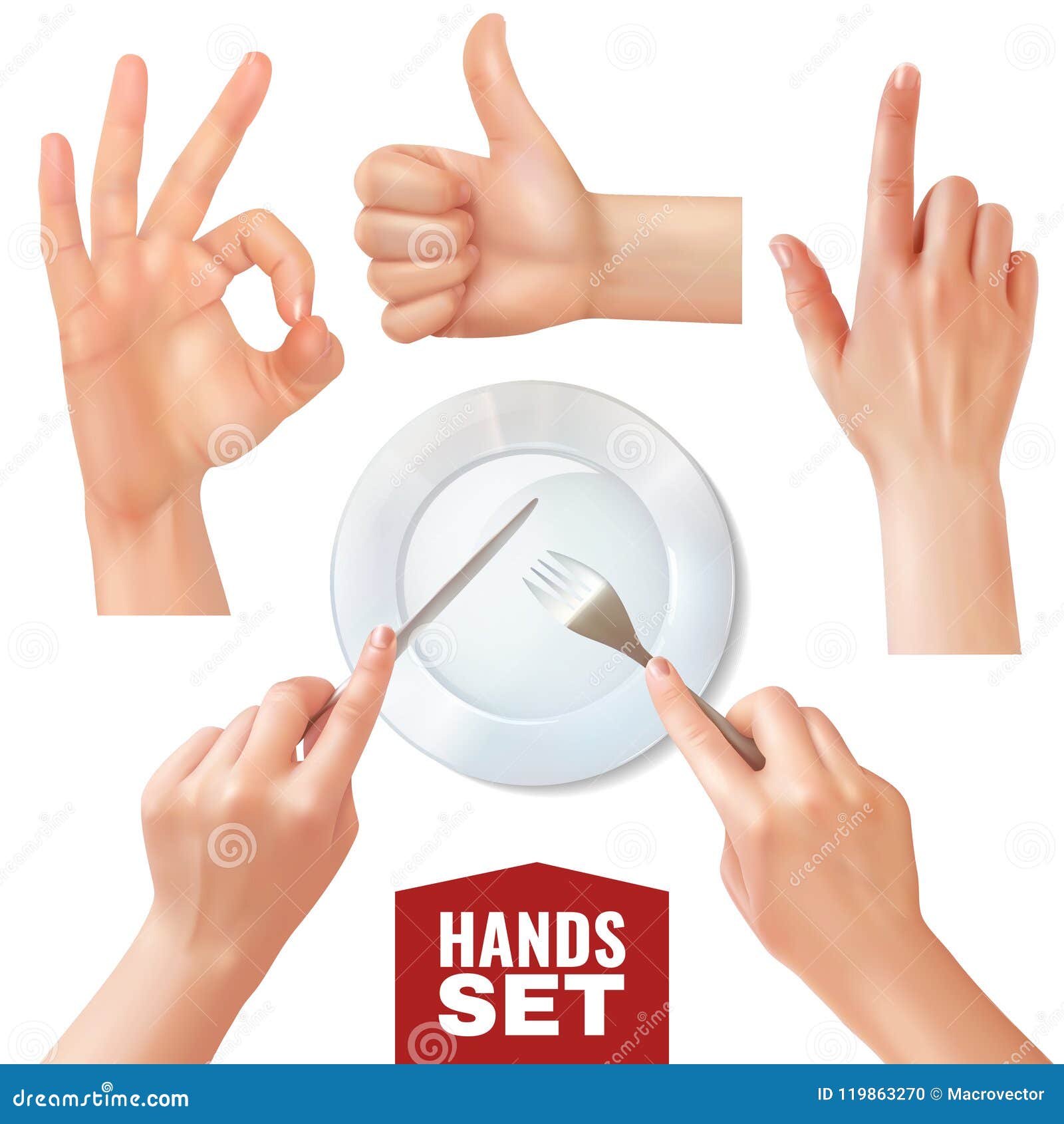 Realistic Hands. Different Human Hand Showing Signals, Pointing Finger ...