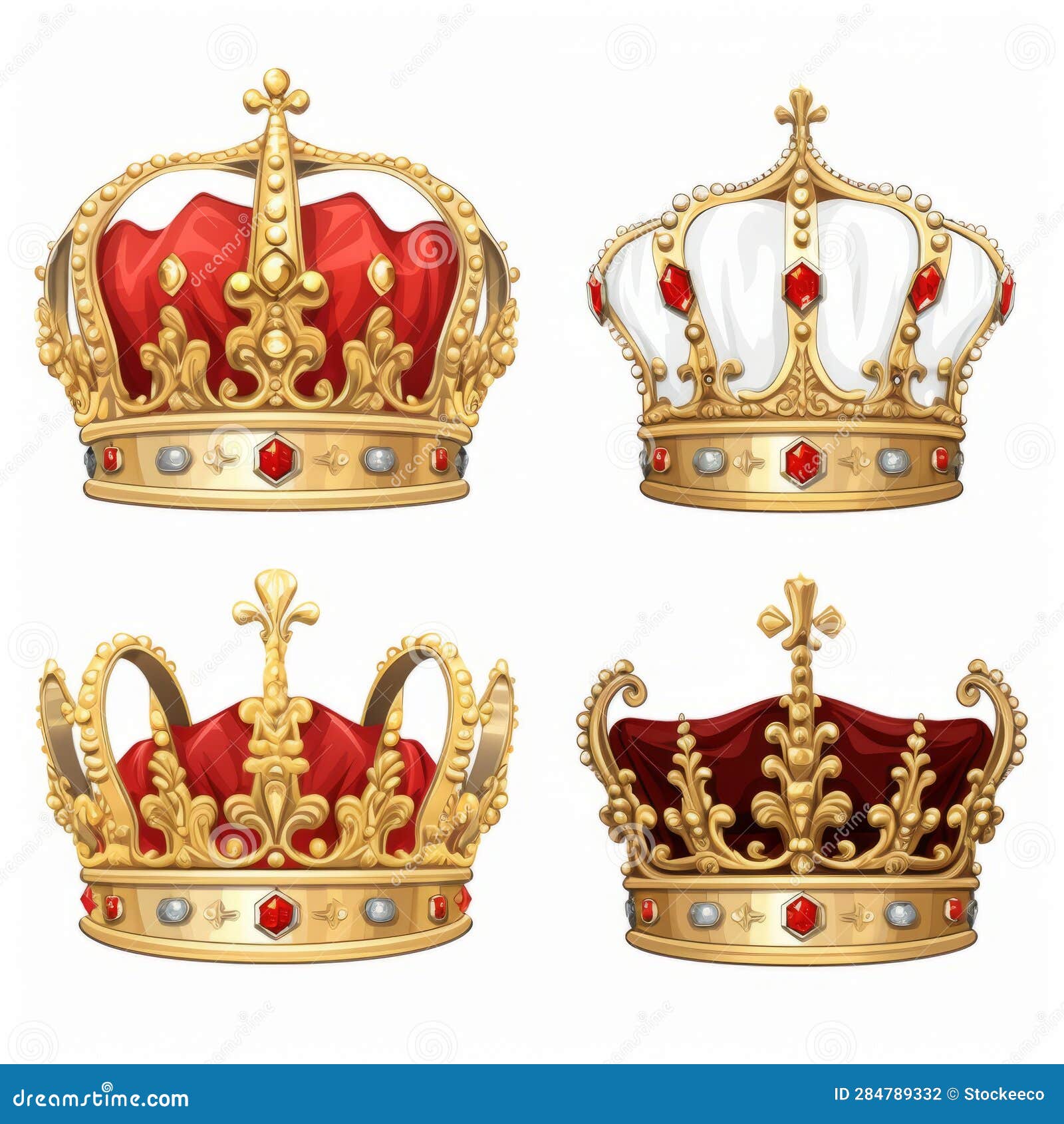 Contemporary Symbolism: Four Highly Realistic Golden Crowns on White ...