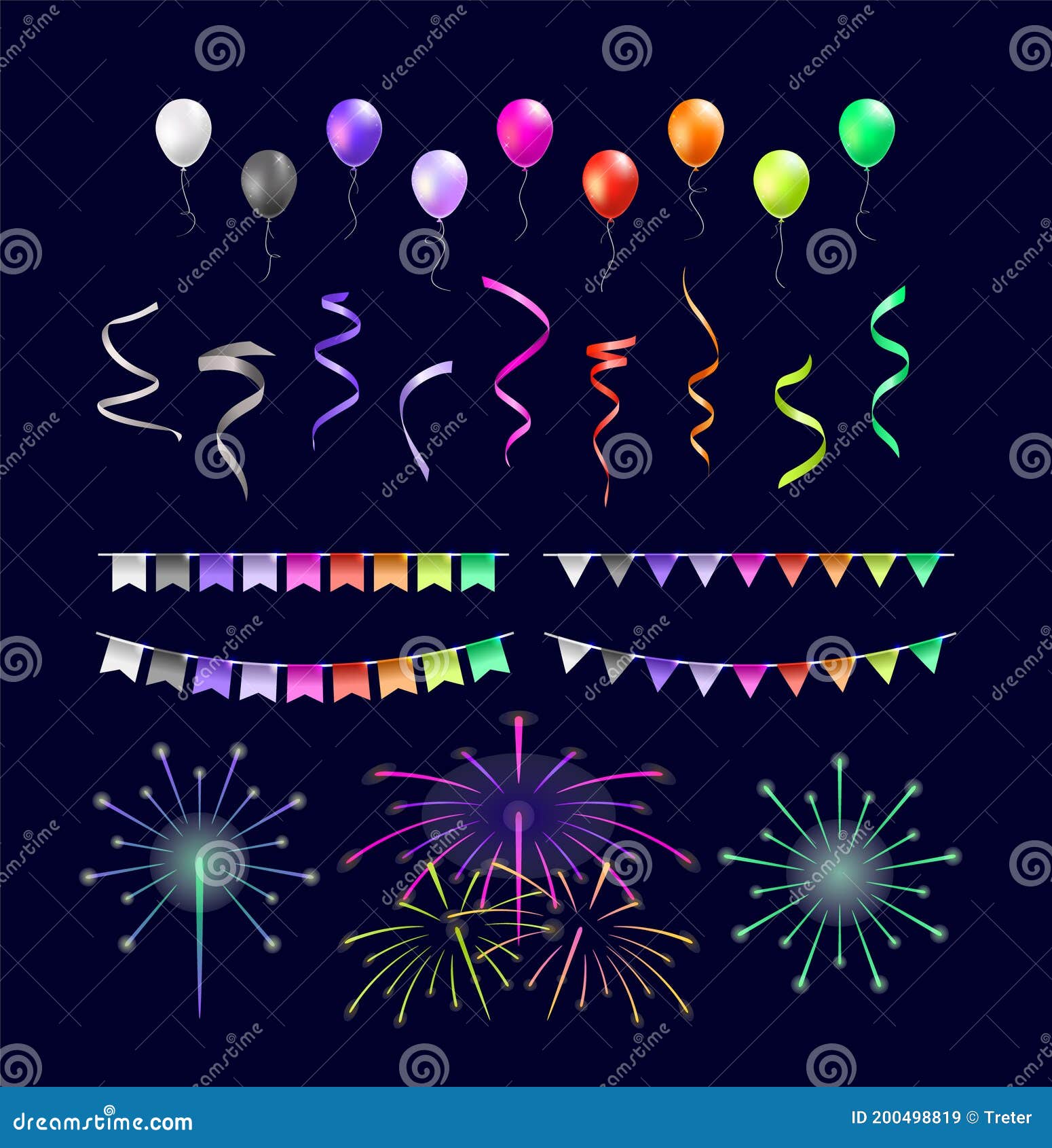 Set of Realistic Isolated Colorful Party Elements on Black Background ...