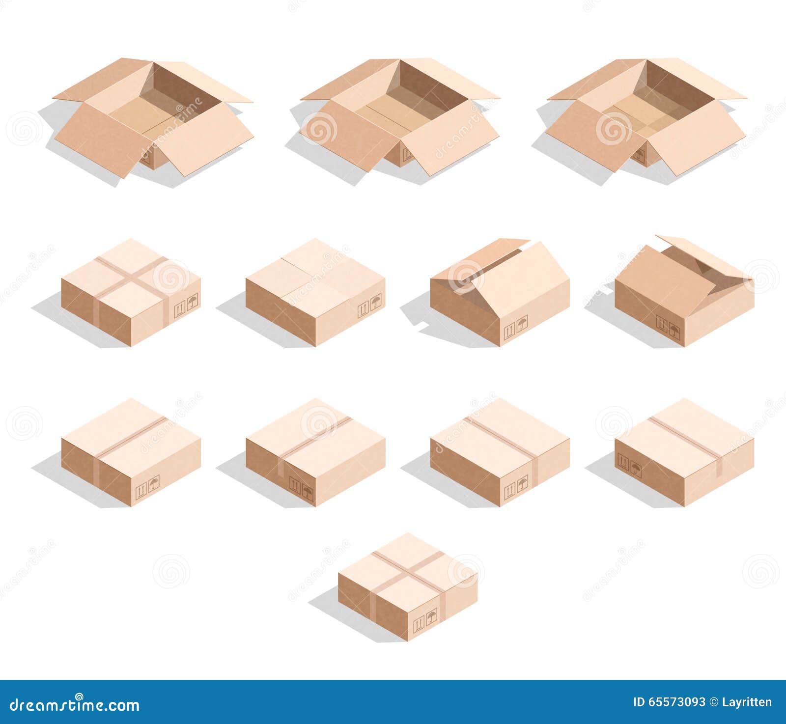 Set Of 12 Realistic Isometric Cardboard Boxes With Texture Vector ...