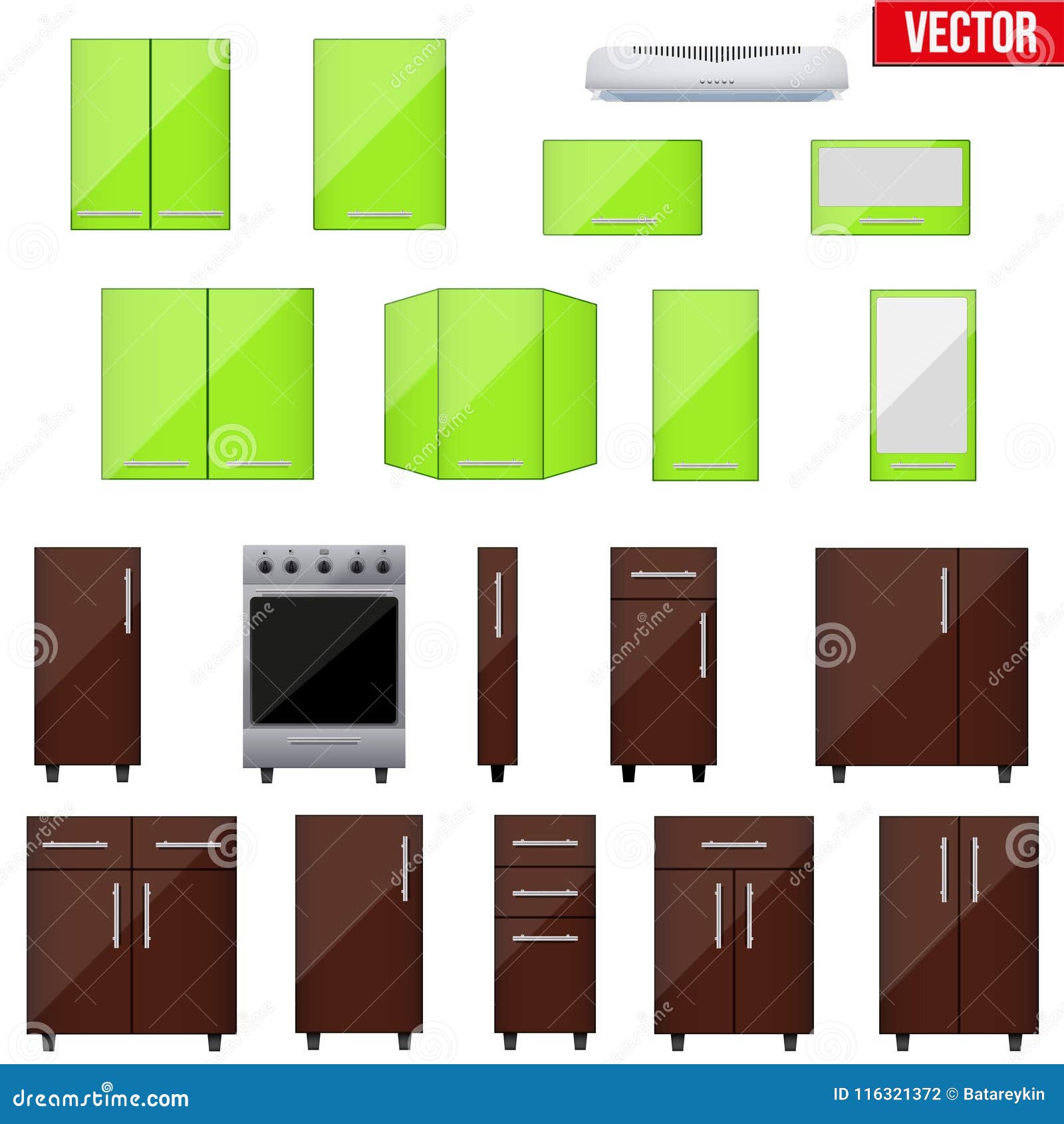 Set of Realistic Modular Kitchen Objects. Stock Vector - Illustration of cabinet, cooking: 116321372