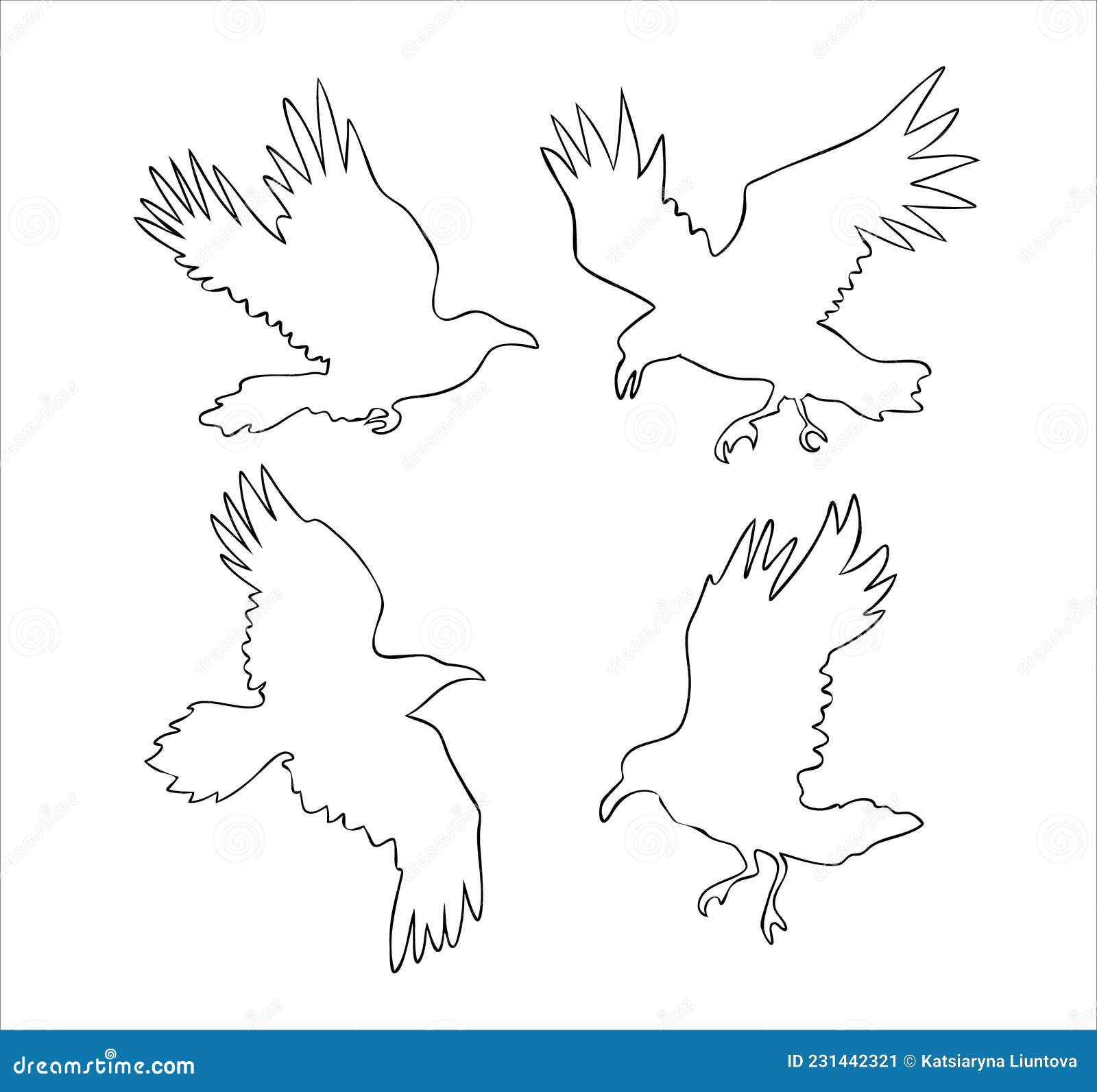 Set of Realistic Raven Vector Silhouettes for Icons. Hand Drawn Style ...