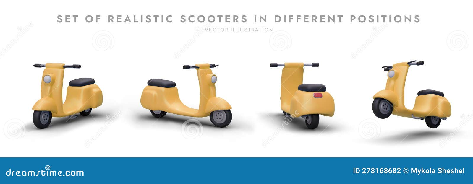 Set Of Realistic Scooters In Different Positions. 3D Mopeds, Front ...