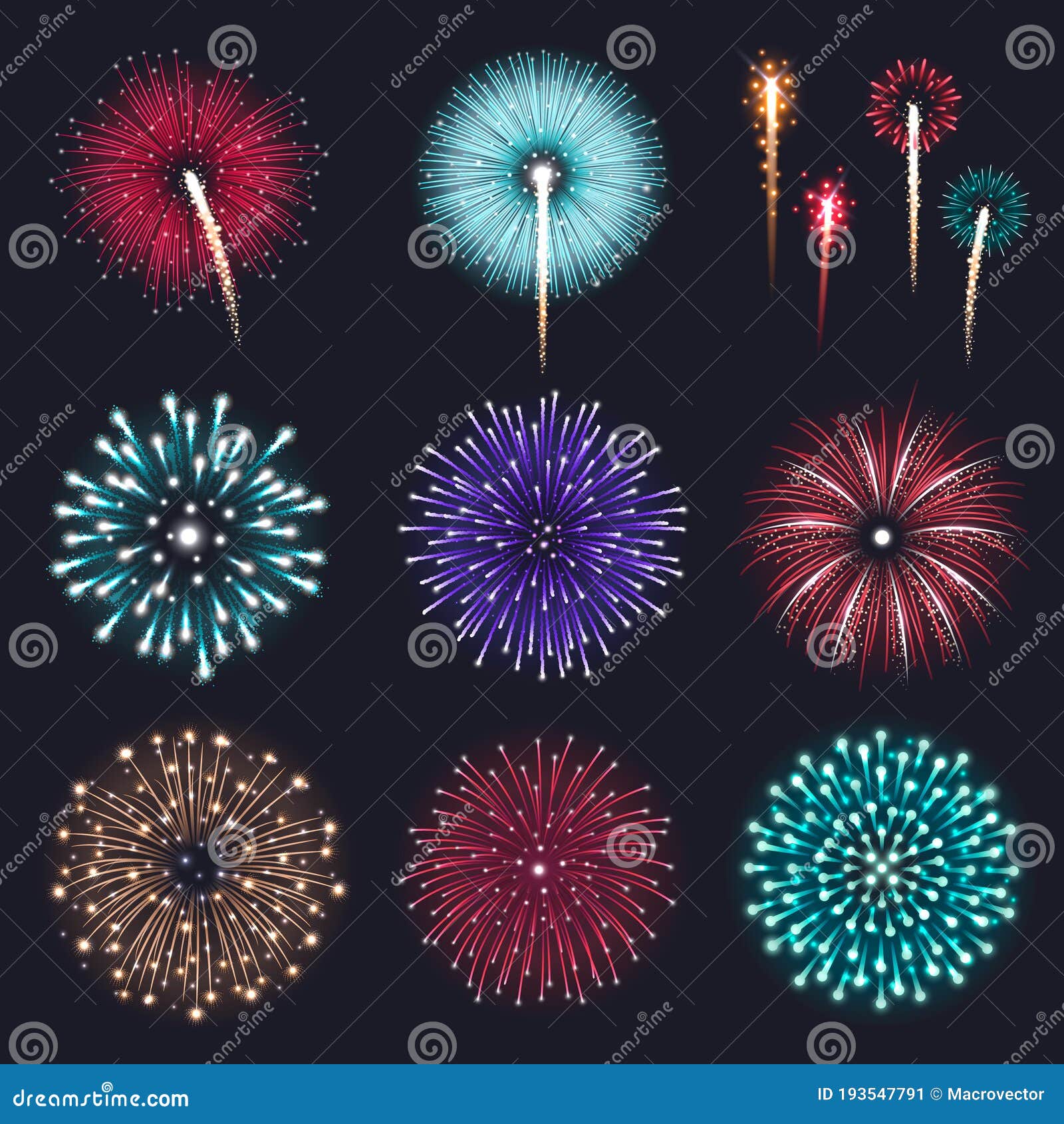 Realistic Fireworks Set stock vector. Illustration of evening - 193547791