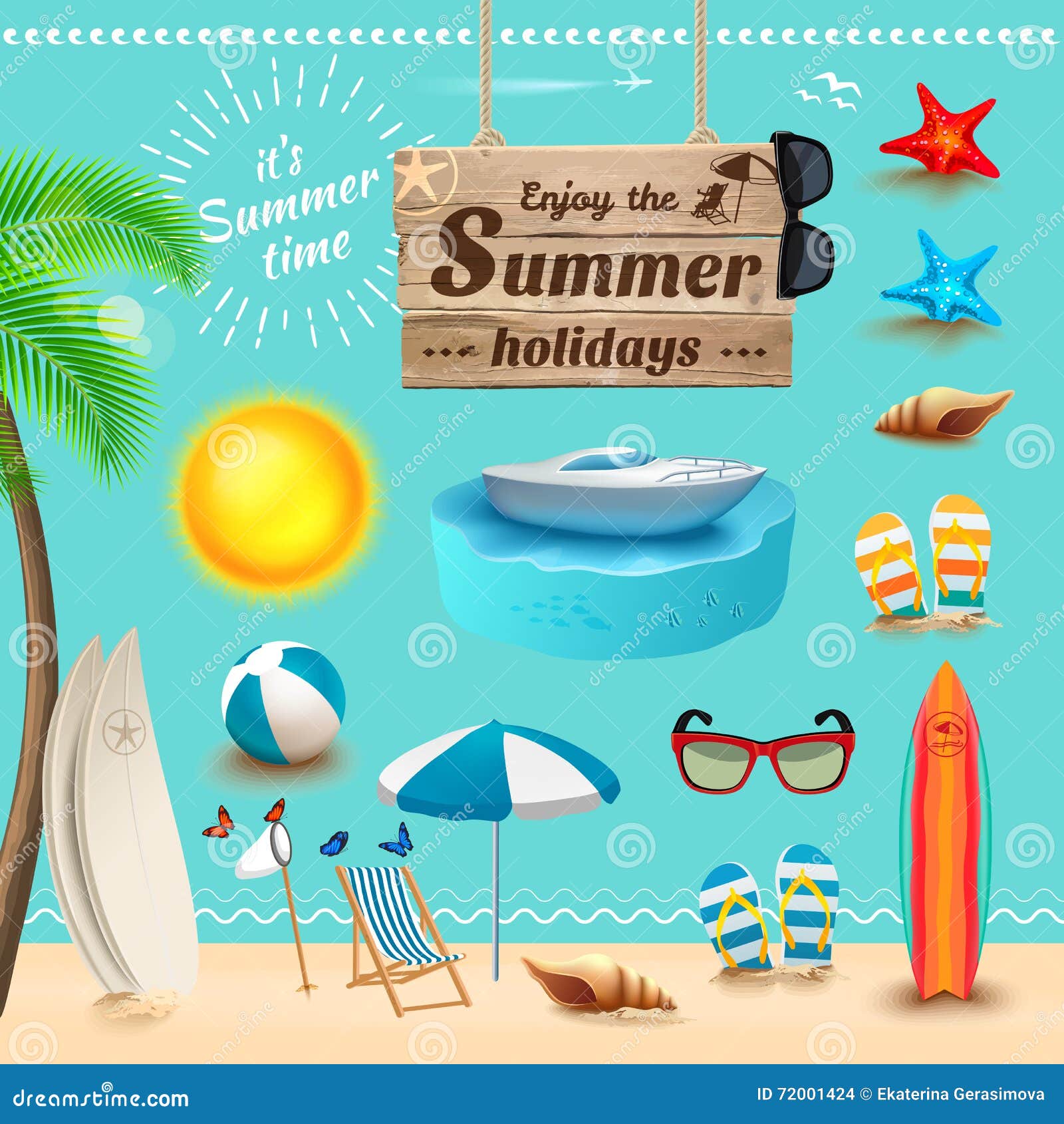 Set of Realistic Summer Icons and Objects. Vector Illustration Stock ...