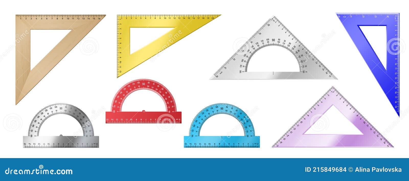 Set of Realistic Triangular Rulers and Protractors Isolated on White ...