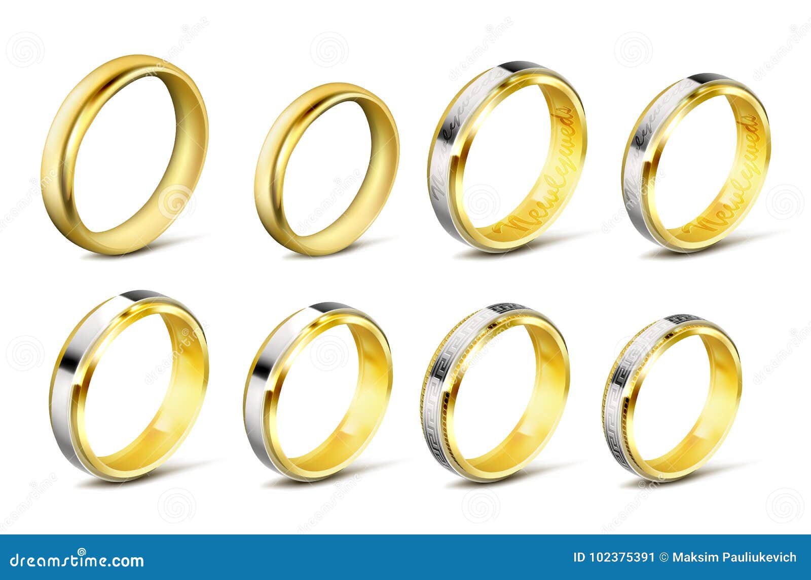 Set of Realistic Vector Illustrations of Gold Engagement Rings with ...