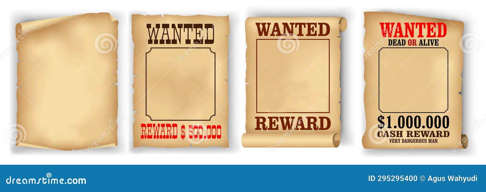 Set Of Realistic Wanted Poster Isolated Or Vintage Scroll Parchment ...