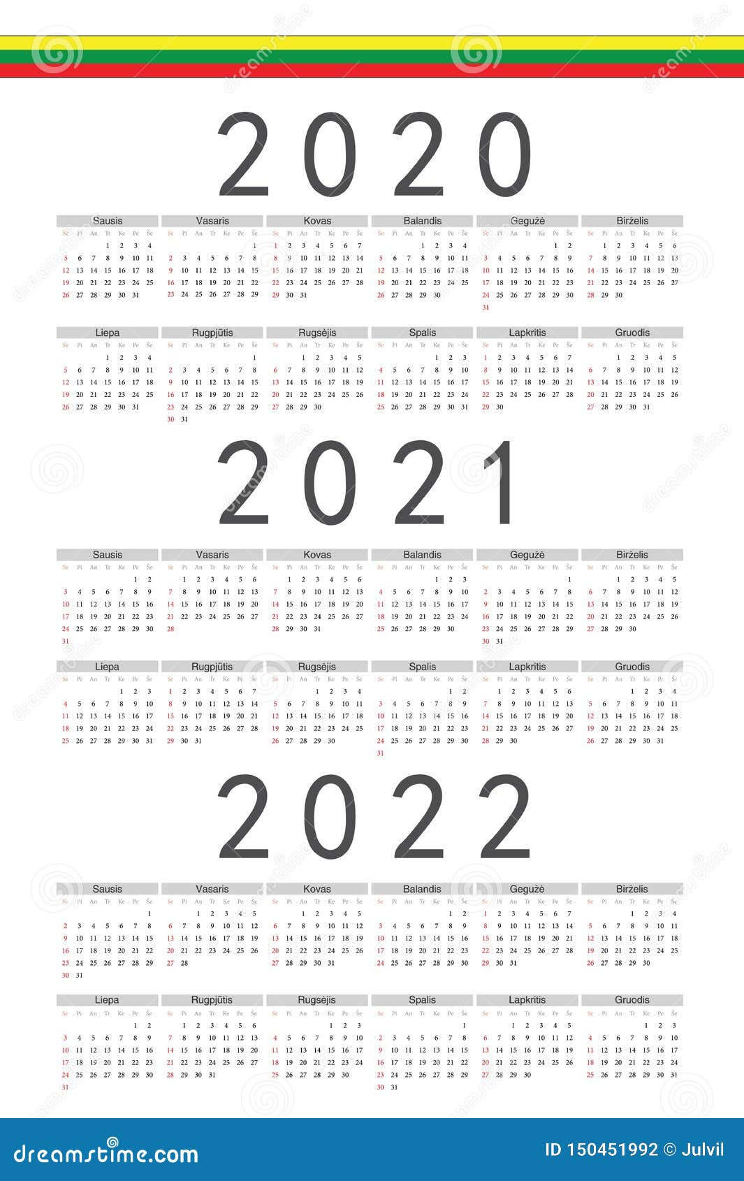 Set of Rectangle Lithuanian 2020, 2021, 2022 Year Vector Calendars ...