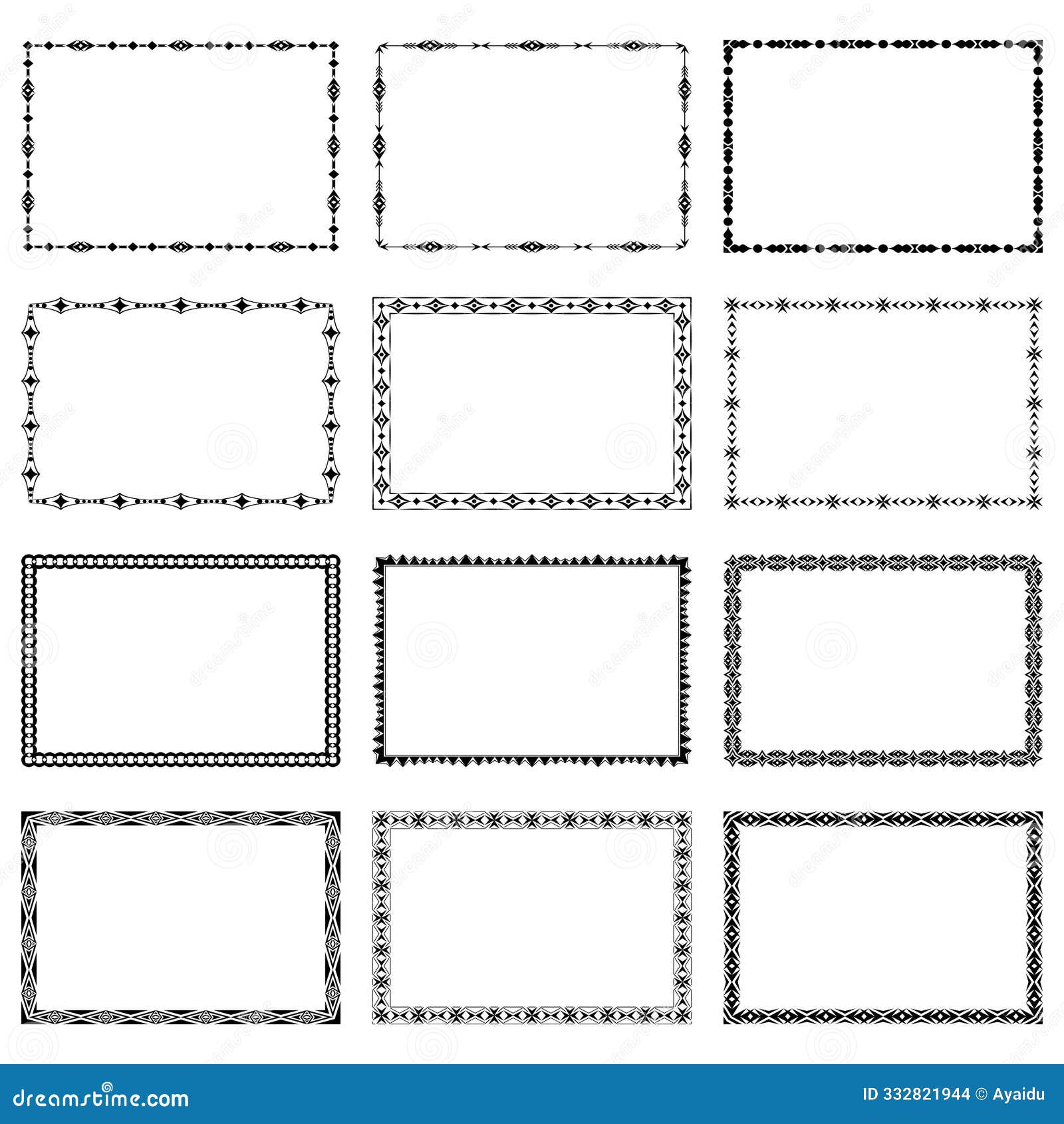 Set of Rectangular Black Frames Isolated on White Background Stock ...