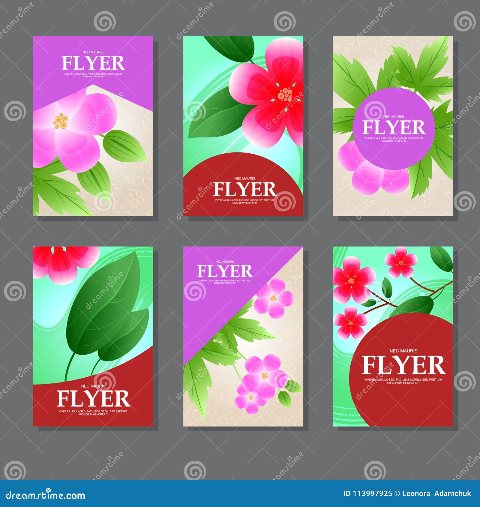 Set of Rectangular Cards with Red and Pink Flowers for Your Design ...
