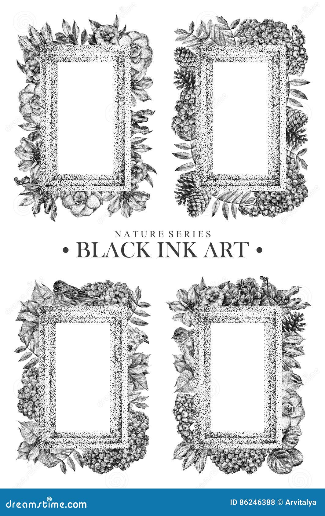 Set Of Rectangular Frames With Dotted Flowers, Birds And Plants Drawn ...