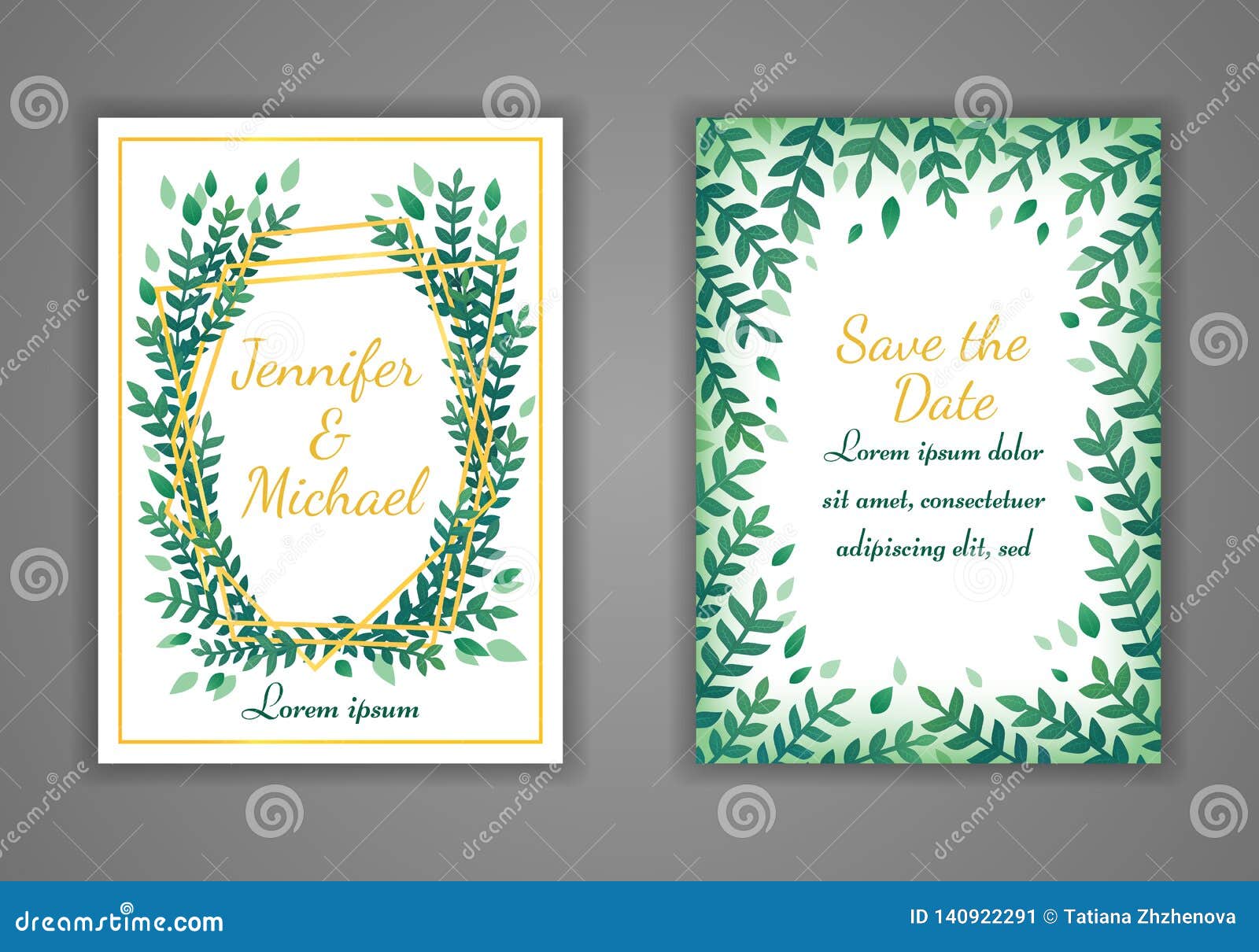 Set of Rectangular Wedding Invitation Cards. Green Leaves and Golden ...