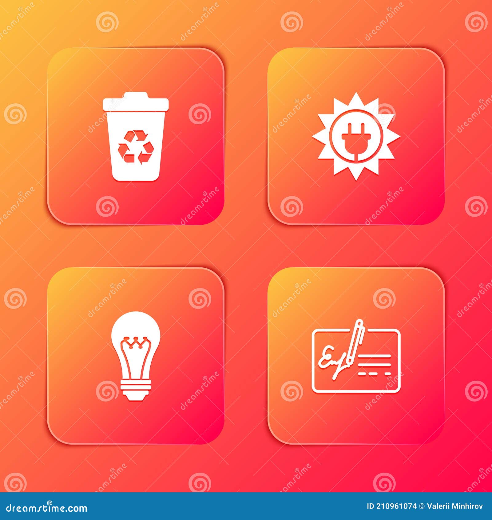 Set Recycle Bin with Recycle, Solar Energy Panel, Light Bulb and Signed ...