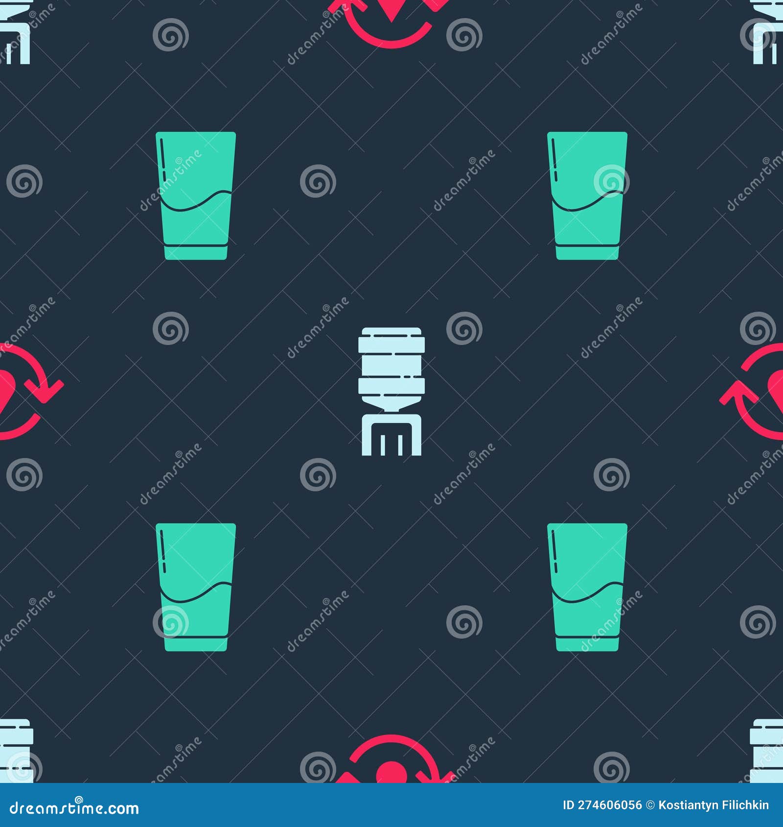 Set Recycle Clean Aqua, Water Cooler and Glass with Water on Seamless ...