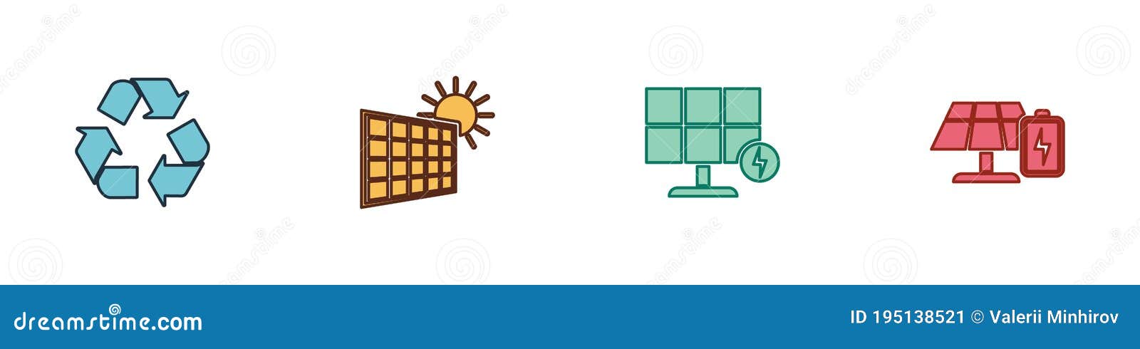 Set Recycle Symbol, Solar Energy Panel and Sun, and Battery Icon ...