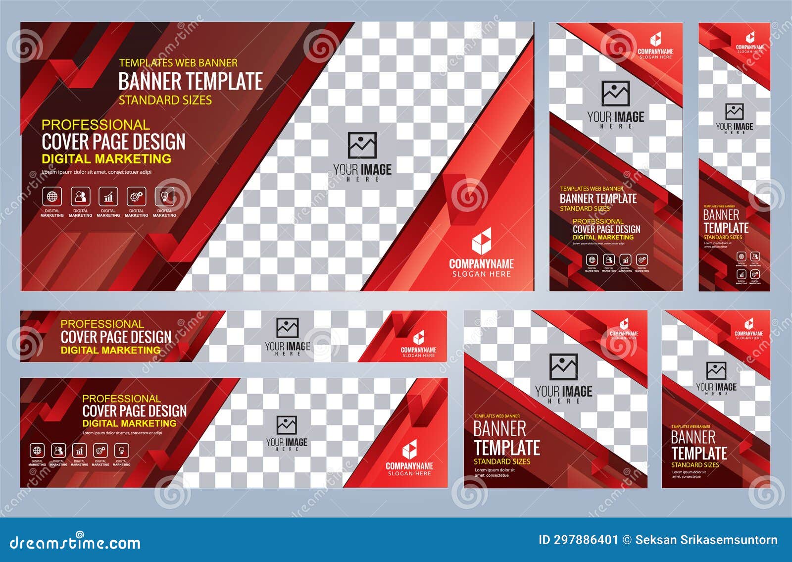 Set of Red and Black Web Banners Templates, Coverpage Standard Sizes ...