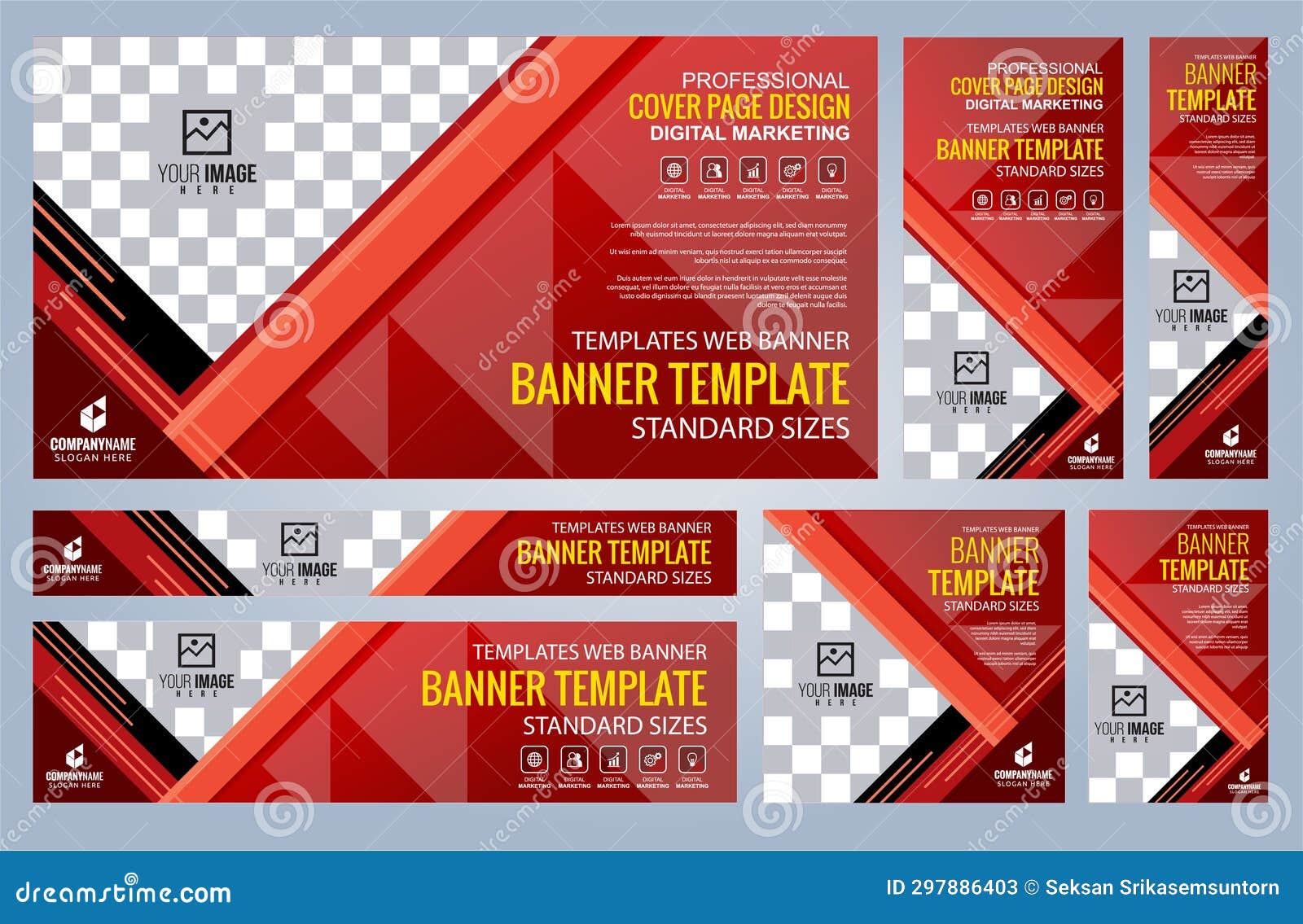 Set of Red and Black Web Banners Templates, Coverpage Standard Sizes ...