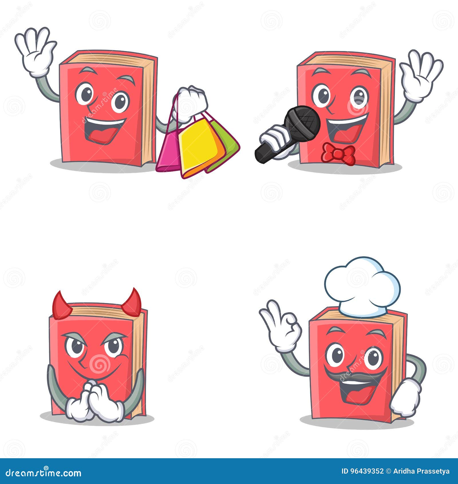 Set of Red Book Character with Shopping Karaoke Devil Chef Stock Vector ...