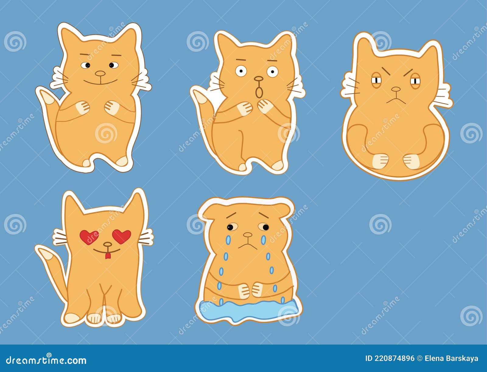 A Set of Red Cat Stickers on a Blue Background for Use in Messengers ...
