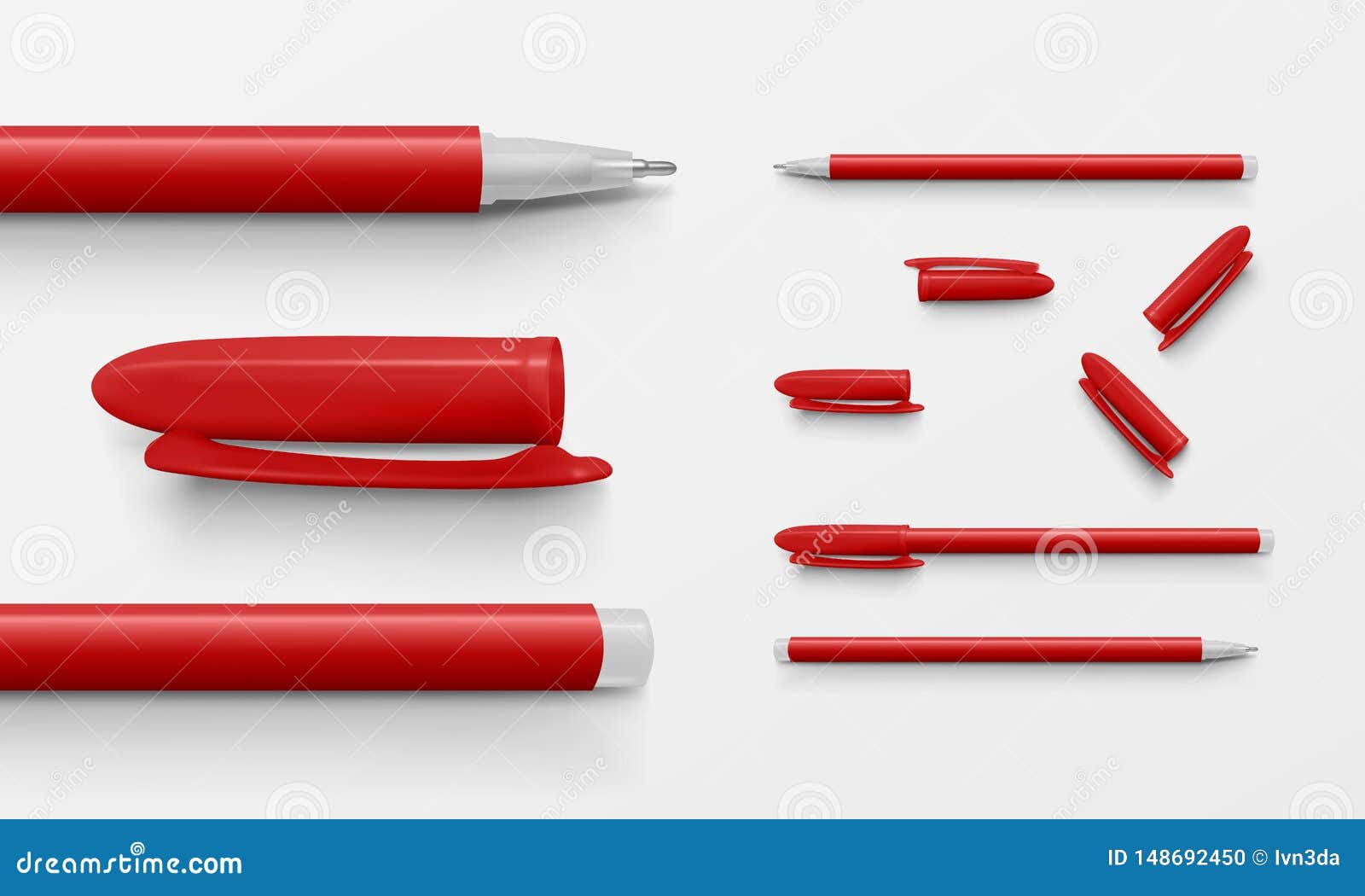 Set of Red Colored Office Pens and Caps Stock Vector - Illustration of ...