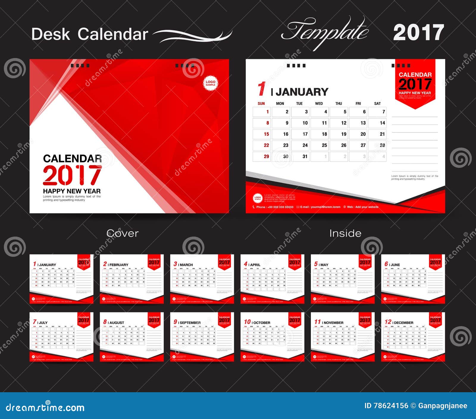 Set Red Desk Calendar 2017 Vector Template, Cover Template Stock Vector ...