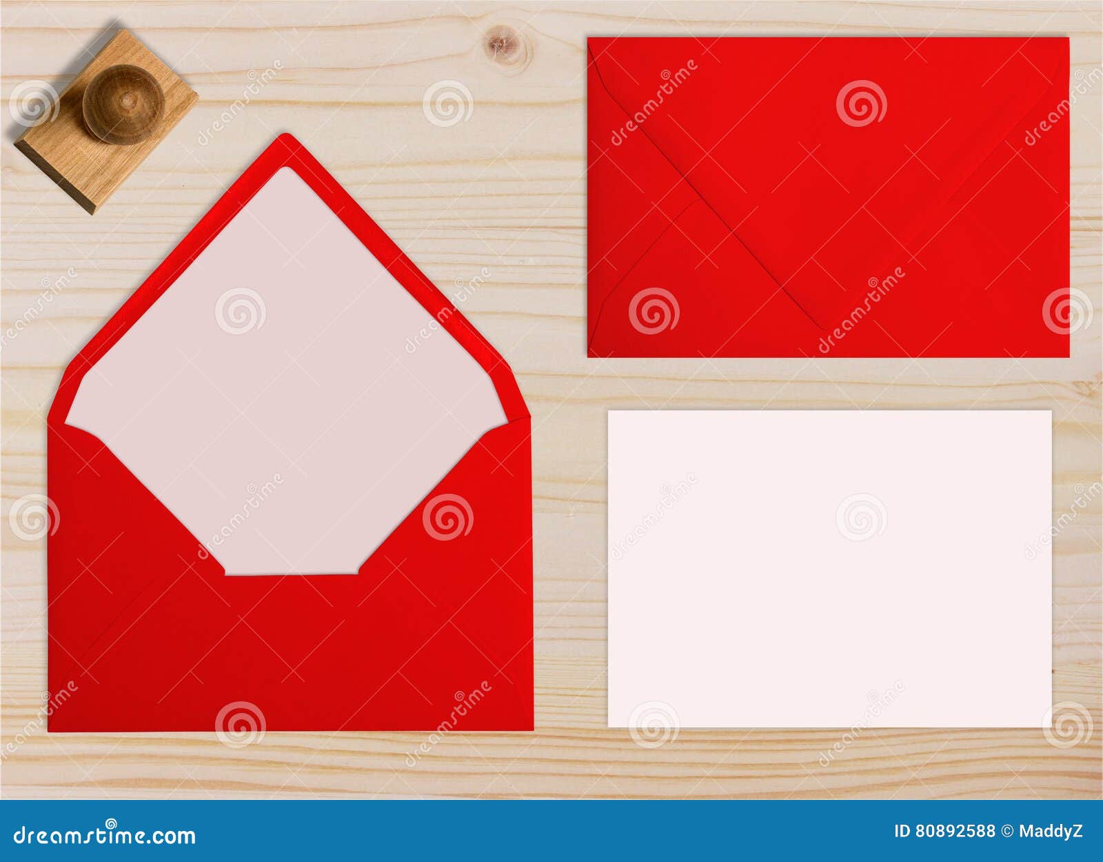 Set of Red Envelopes, with Rubber Stamp and Card. Collection on Wooden ...