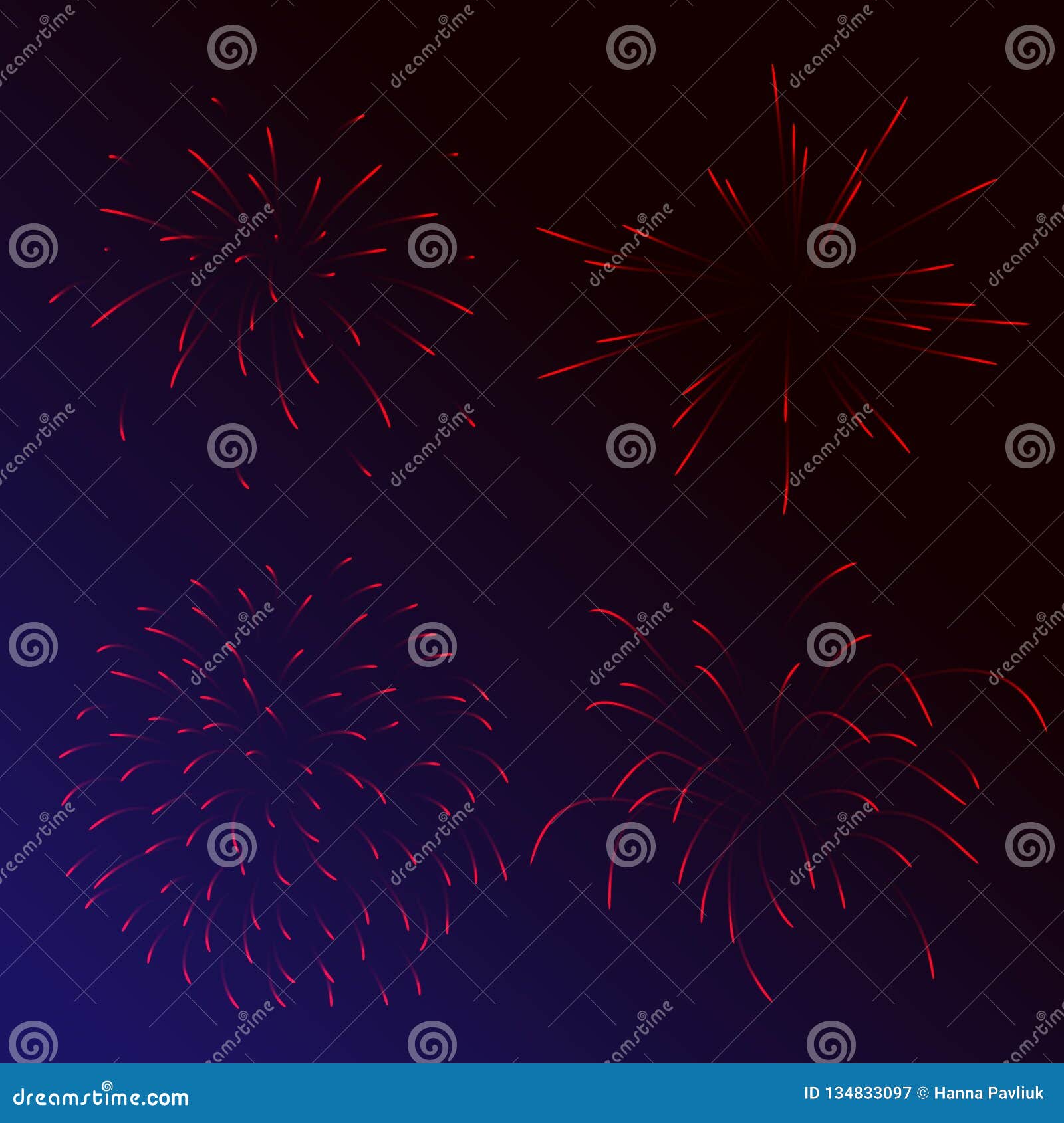 Set of Red Fireworks on Dark Night Background Stock Vector ...